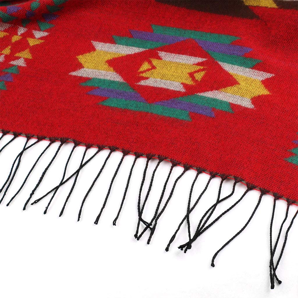 Uyuni Women's Bohemian Casual Hooded Shawl Fringe Poncho Cashmere Loose Plaid Cape Vintage Geometric Patterned Cardigan