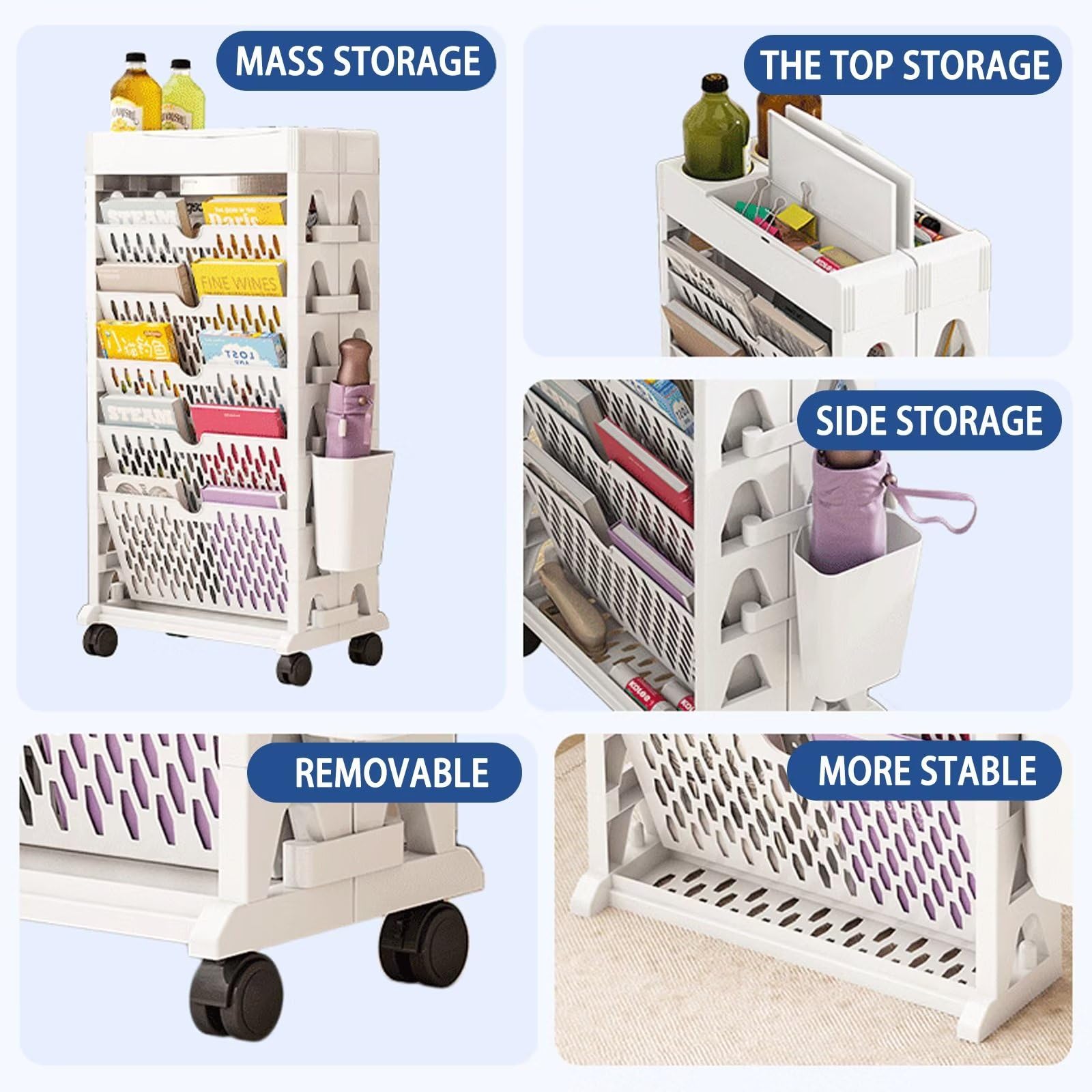 YAYLAIP Rolling Bookshelf Cart,6-Tier Large Capacity,on Wheels Moveable Office Desk File Bookshelf Organizer,with Wheel Multilayer Rotatable,Mobile Portable Removable Plastic Practical Rollingļ¼Pink