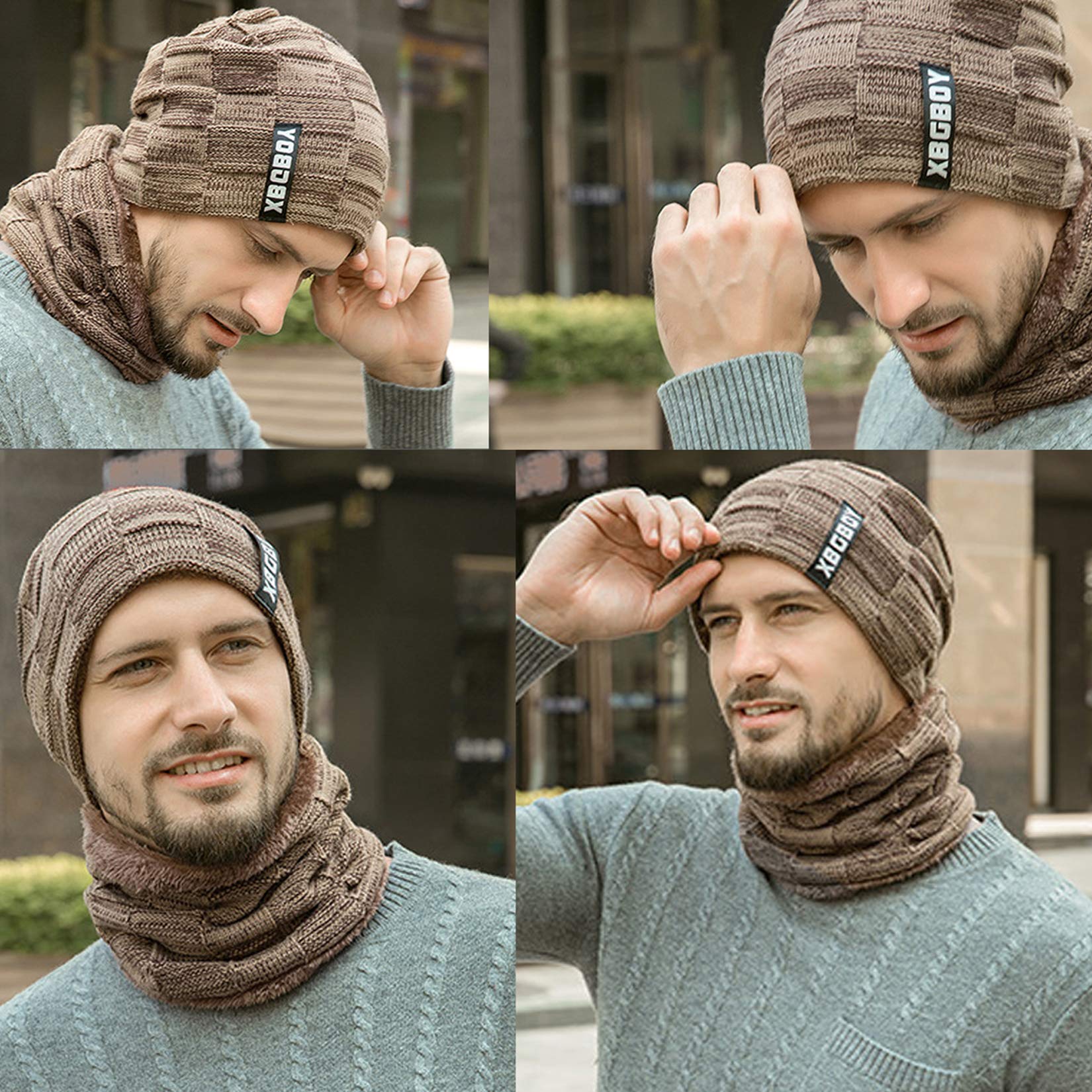 Winter Beanie Hat Scarf Set for Men Warm Knit Hat Thick Neck Warmer with Fleece Lined Winter Cap (Khaki)