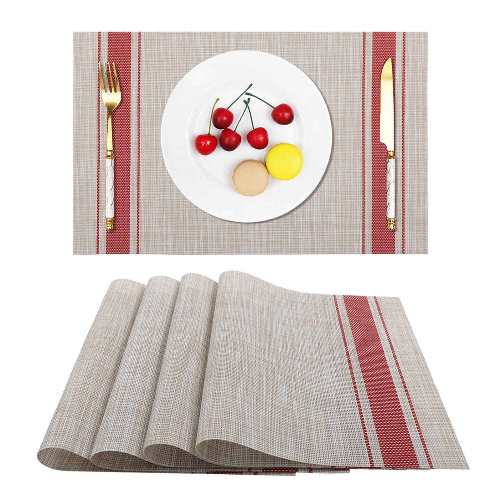 Vinjiasin Placemats Set of 4 Vinyl Woven Red Stripes Table Mats Washable Heat Resistant Sturdy Easy to Clean Kitchen for Dining Table Indoor Outdoor Christmas Decorations