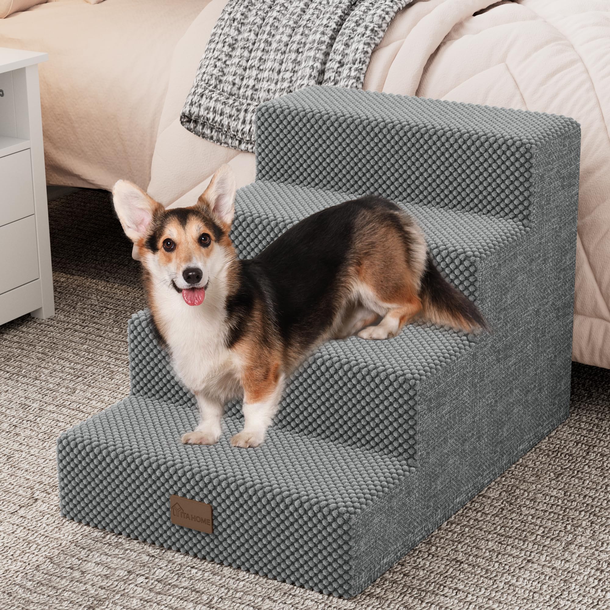 YITAHOME Dog Stairs, Pet Stairs for Small Dog, Pet Steps for Bed and Couch with Support Boards, Non-Slip Balanced Dog Steps for Injured and Elderly Pets, 3 Steps - Gray