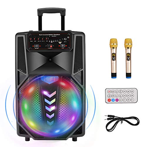 Wireless Karaoke Speaker System with 12'' Subwoofer, Kacsoo Outdoor Portable Bluetooth PA Speaker System with 2 Karaoke Microphones, DJ Lights, FM Radio, MP3/BT/TF Card, AUX Interface, Remote, Black