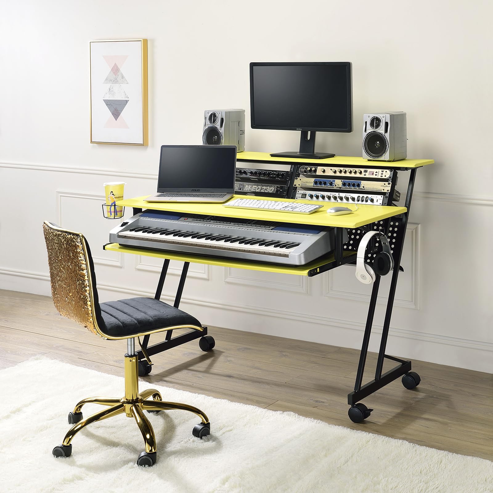 White Home Office Computer Desk Ergonomic Gaming Desks Music Recording Studio Desk Modern Simple Desk with Storage,Keyboard Tray & Iron Hooks for Work,47" D x 28" W x 38" H
