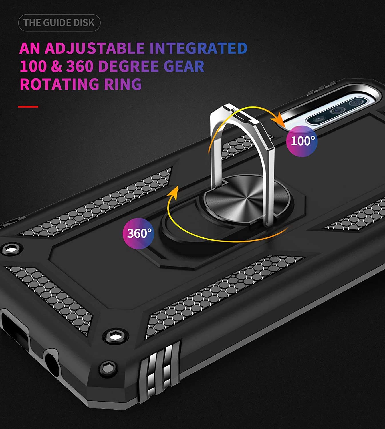 TJS Compatible with Samsung Galaxy A50 2019 Case, with Tempered Glass Screen Protector Metal Ring Magnetic Support Kickstand Heavy Duty Drop Protector Phone Case Cover (Black)