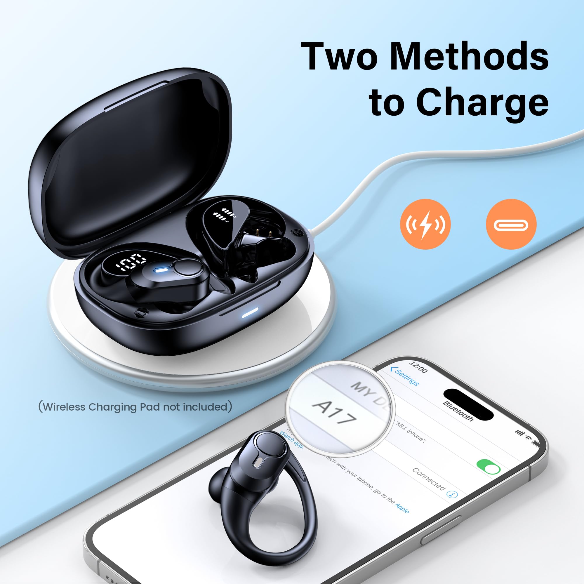 Wireless Earbuds Bluetooth Headphones 70hrs Playback Ear Buds IPX7 Waterproof Wireless Charging Case & Dual Power Display Over-Ear Stereo Bass Earphones with Earhooks for Sports/Workout/Running