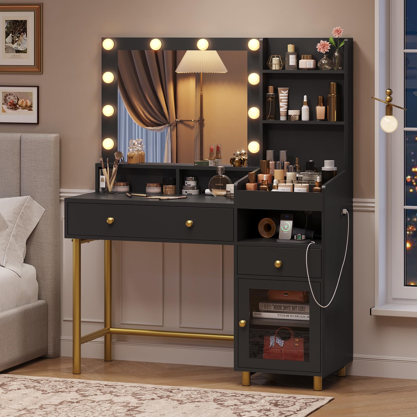 VIAGDO Black Vanity Desk with Mirror and Lights, Makeup Vanity with Charging Station & 3 Storage Compartments, Makeup Desk with Drawers and Open Storage Shelves, Bedroom Dressing Table