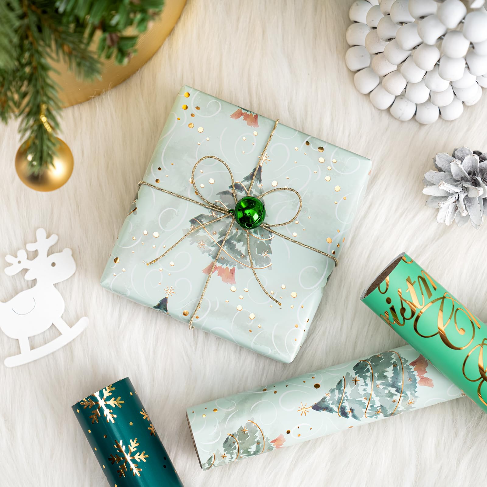 WRAPAHOLIC Christmas Wrapping Paper Roll - Mini Roll - 3 Rolls - 17 Inch X 120 Inch Per Roll - Green Christmas Tree, Snowflake Holiday Collection with Metallic Foil Shine