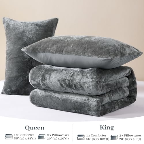 YIYEA Faux Fur Comforter Set King - Luxury Ultra Soft Fluffy Plush Comforter, Grey Comforter Set King Size, Warm Fuzzy Bedding Sets for Winter - 3PC (1 Shaggy Comforter + 2 Pillowcases)