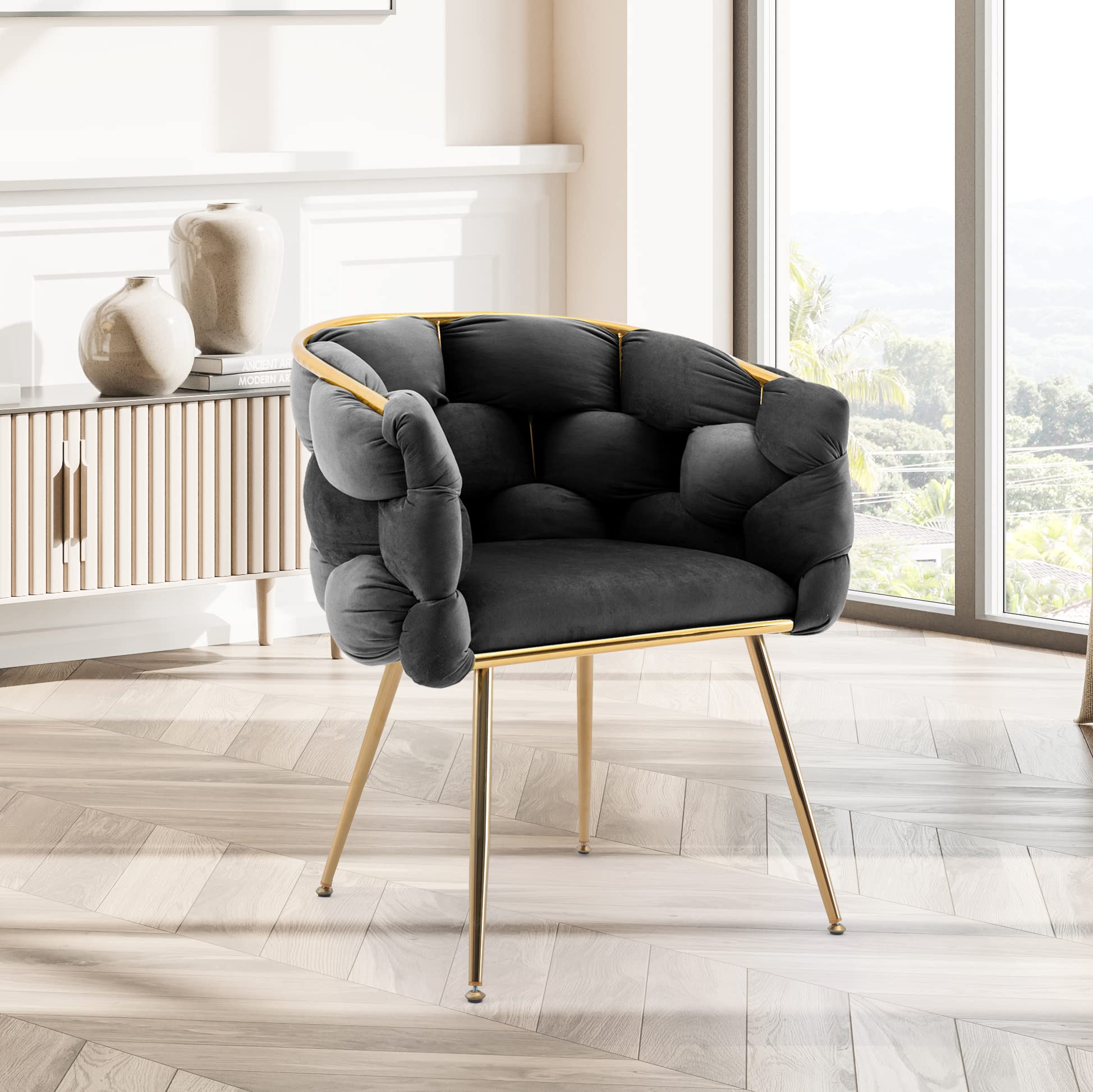 Warmiehomy Velvet Dining Chairs Modern Living Room Tufted Upholstered Accent Chairs Gold Vanity Chairs for Living Room Makeup Room Dining Room,Black