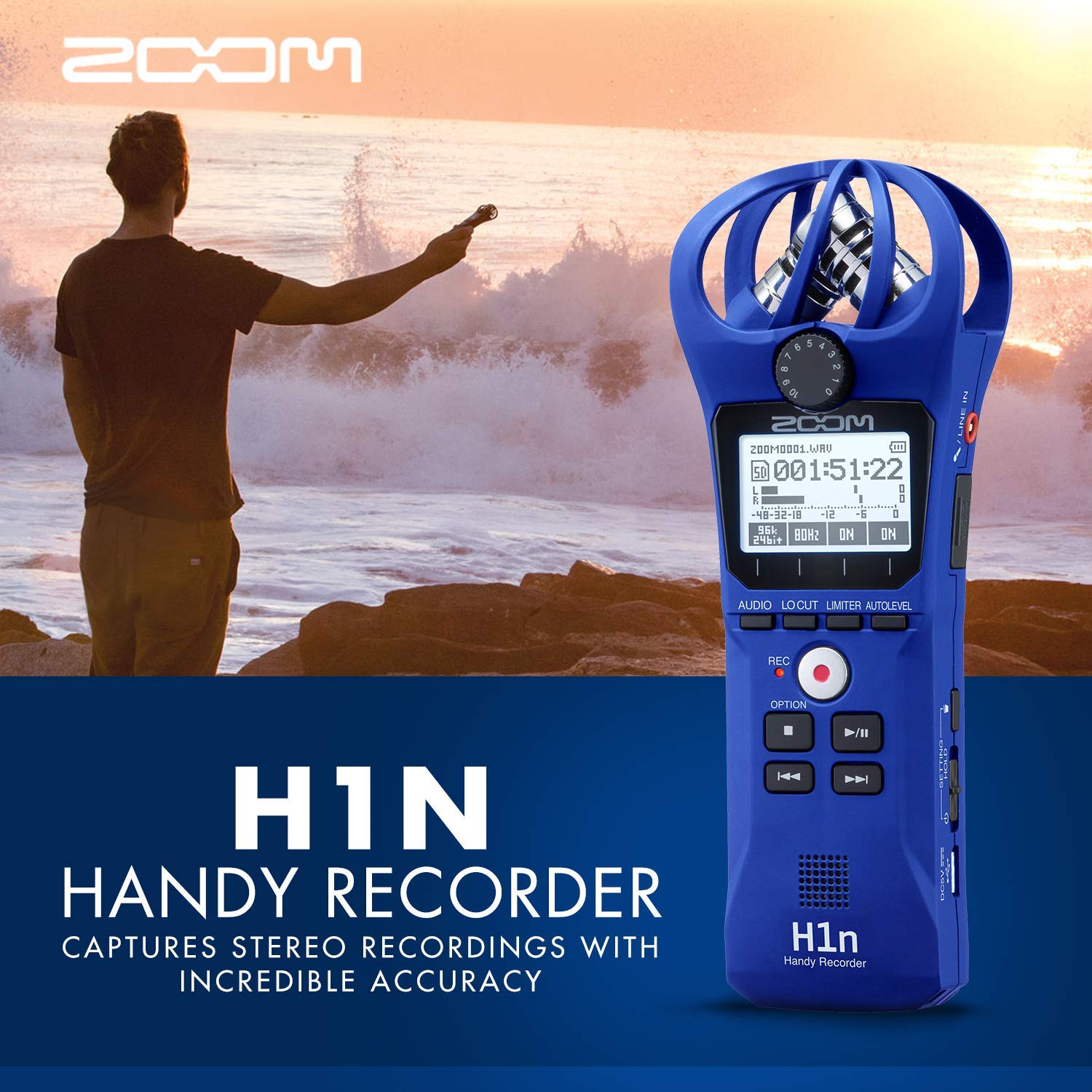 Zoom H1n 2-Input / 2-Track Portable Handy Recorder with Onboard X/Y Microphone (Blue) + Xpix Professional Lavalier Microphone, 16GB Micro Memory Card, Xpix Tripod, AAA Batteries & Accessories