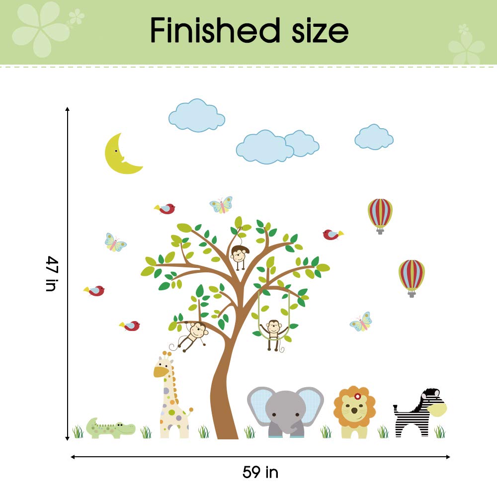 Supzone Jungle Tree Wall Stickers Pink Animal Wall Decals Removable for Girls Children's Room Nursery Bedroom Classroom Wall Decor