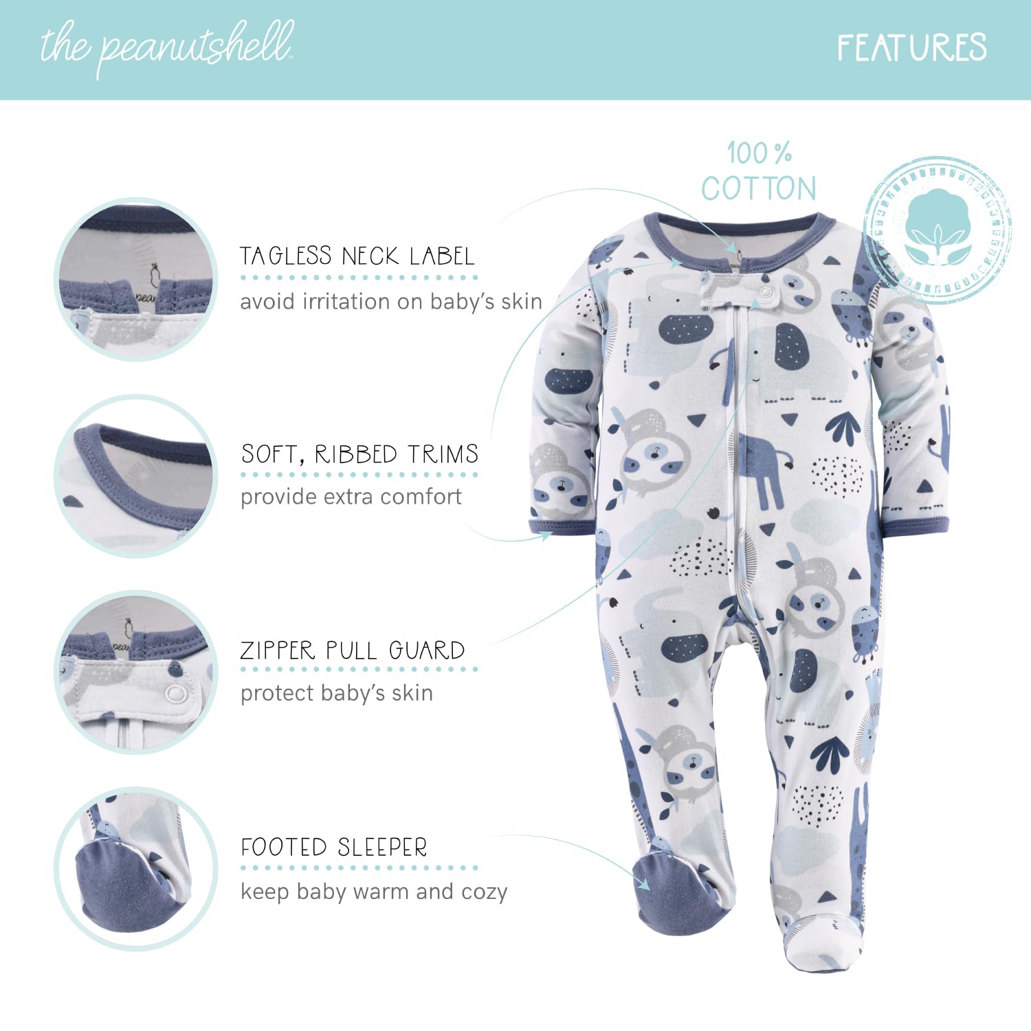 The Peanutshell Footed Pajamas Sleepers for Baby Boys, Sleep and Play Footies, 3 Pack (6-9 Months) Blue