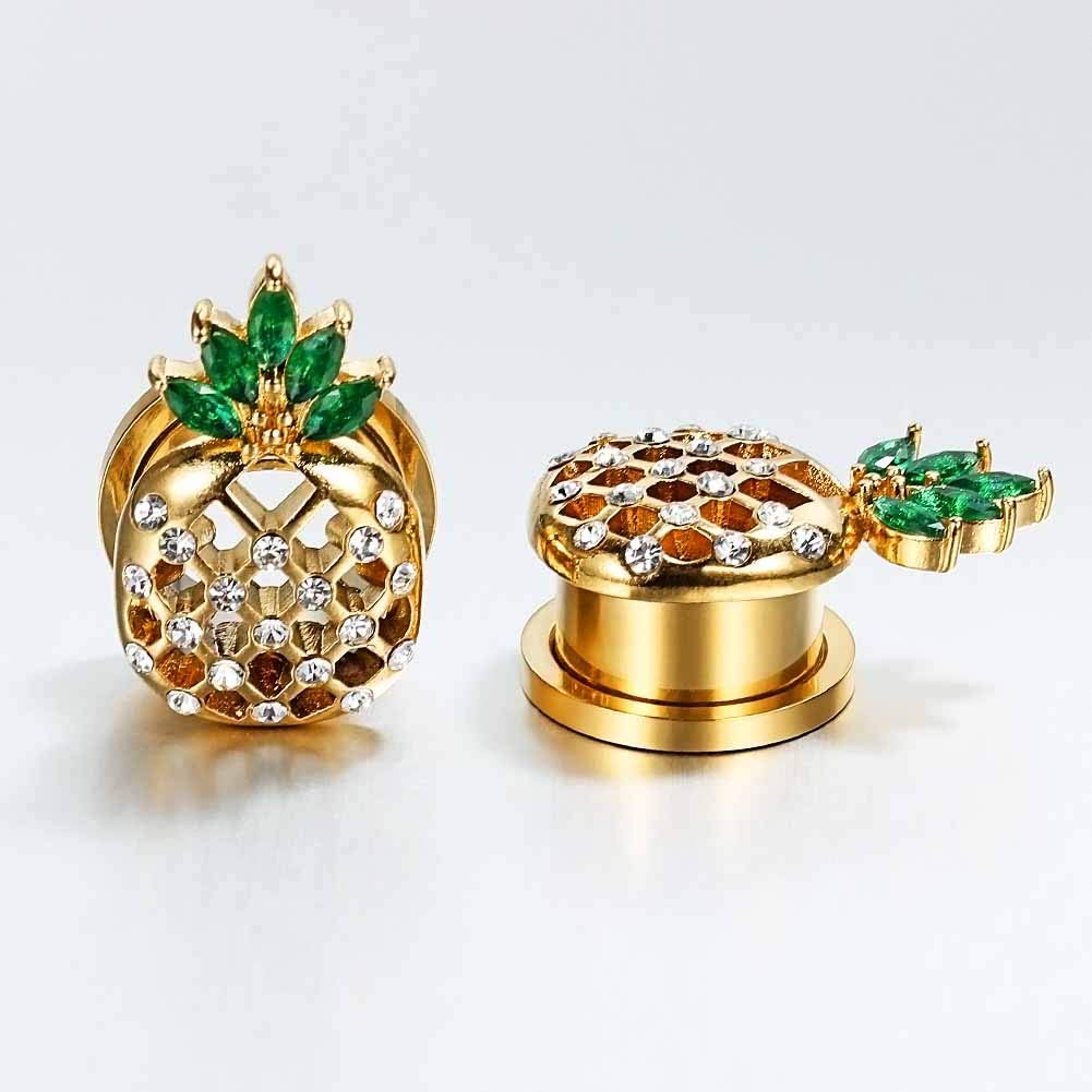 TBOSEN Stainless Steel Screw Gold Pineapple Ear Gauges Plugs Tunnels Expander Body Piercing 2 PCS