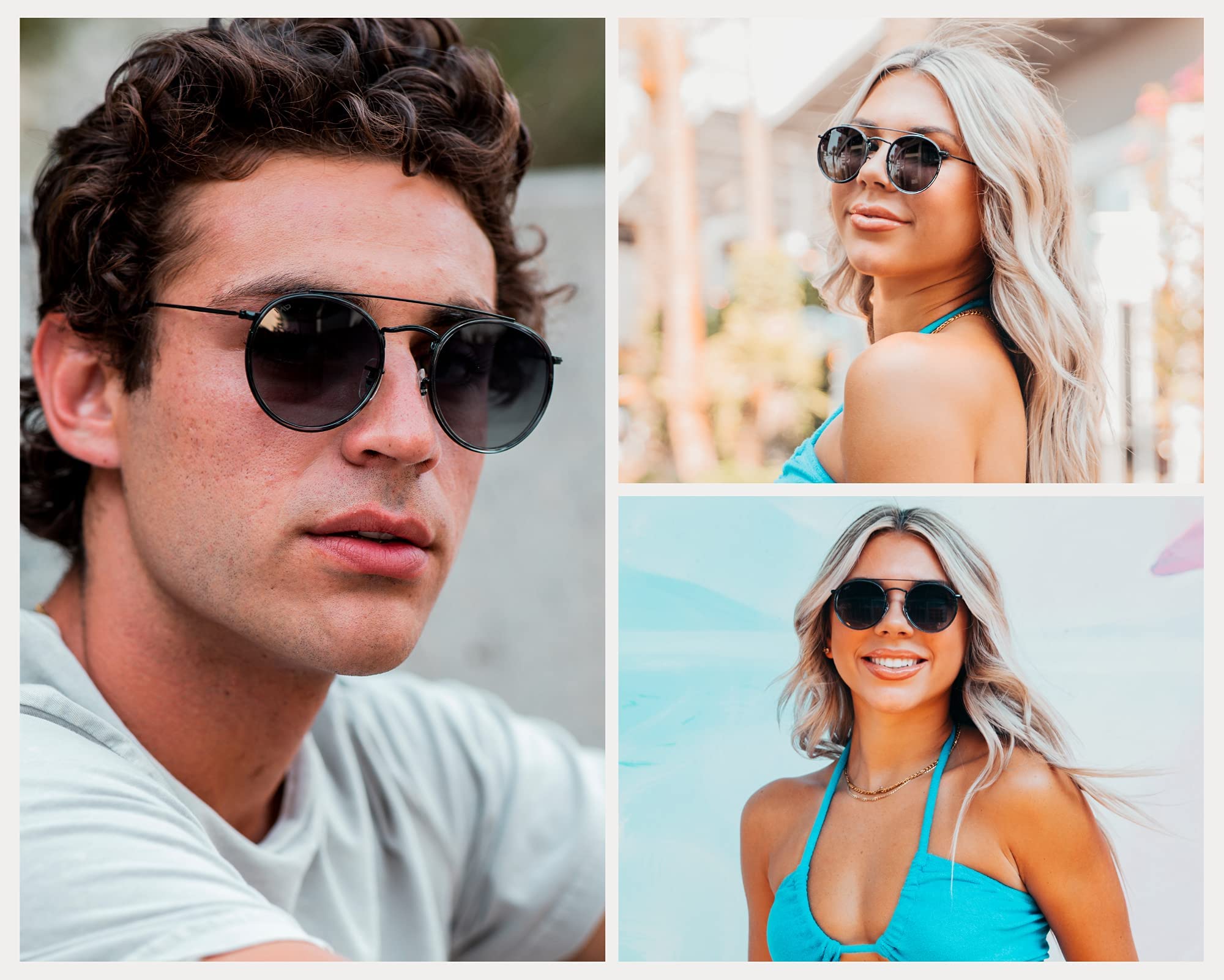 WearMe Pro - Round Double Bridge Polarized Modern Retro Sunglasses (Black Frame/Black Lens, 53)