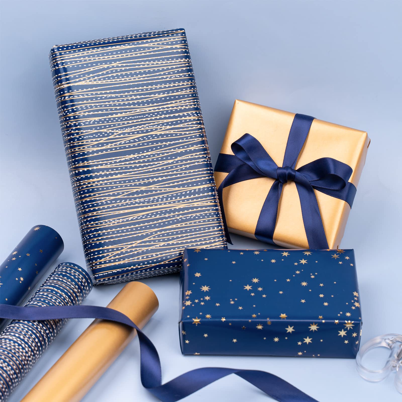 WRAPAHOLIC Wrapping Paper Roll - Mini Roll - 3 Rolls - 17 Inch X 120 Inch Per Roll - Navy and Gold Star/Stripe/Gold Pearlized Print for Birthday, Father's Day, Holiday, Party