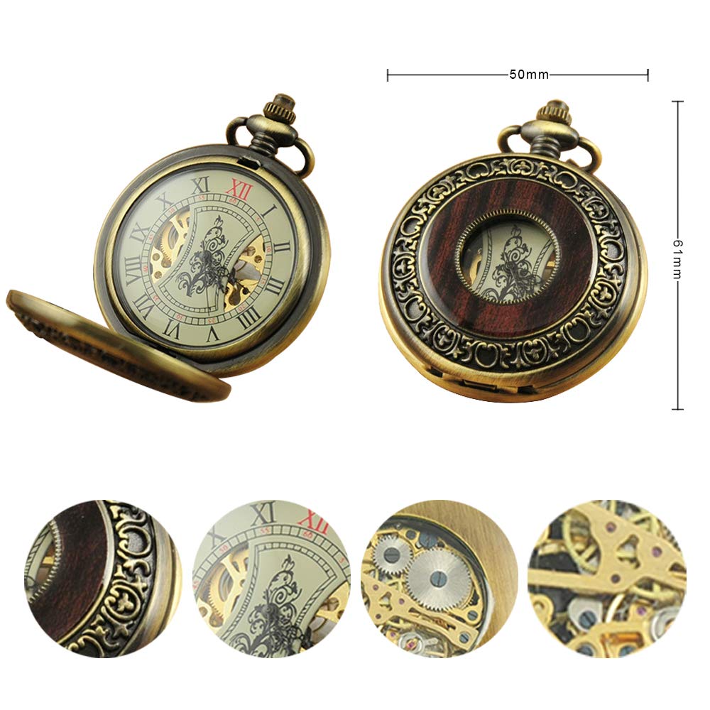VIGOROSO Men's Hand-Wind Mechanical Pocket Watch Vintage Steampunk Wood Grain Hollow Design with Chain and Box
