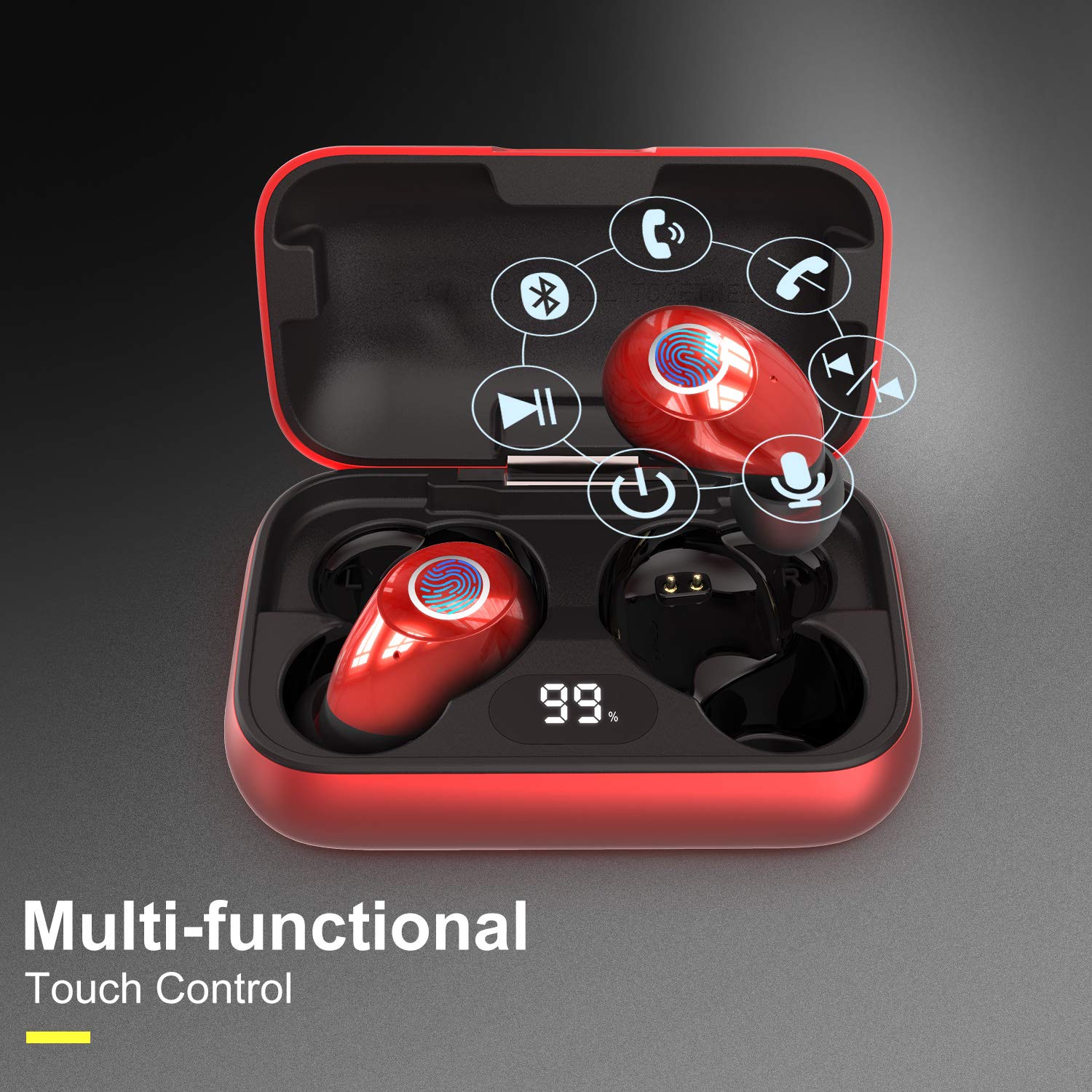 Wireless Earbuds, Torteco T08 Stylish Bluetooth 5.0 Headphones, in-Ear Stereo Wireless Earbuds with Touch Control & One-Step Pairing, IPX6 Water Proof for Running, Sports, Working, Red
