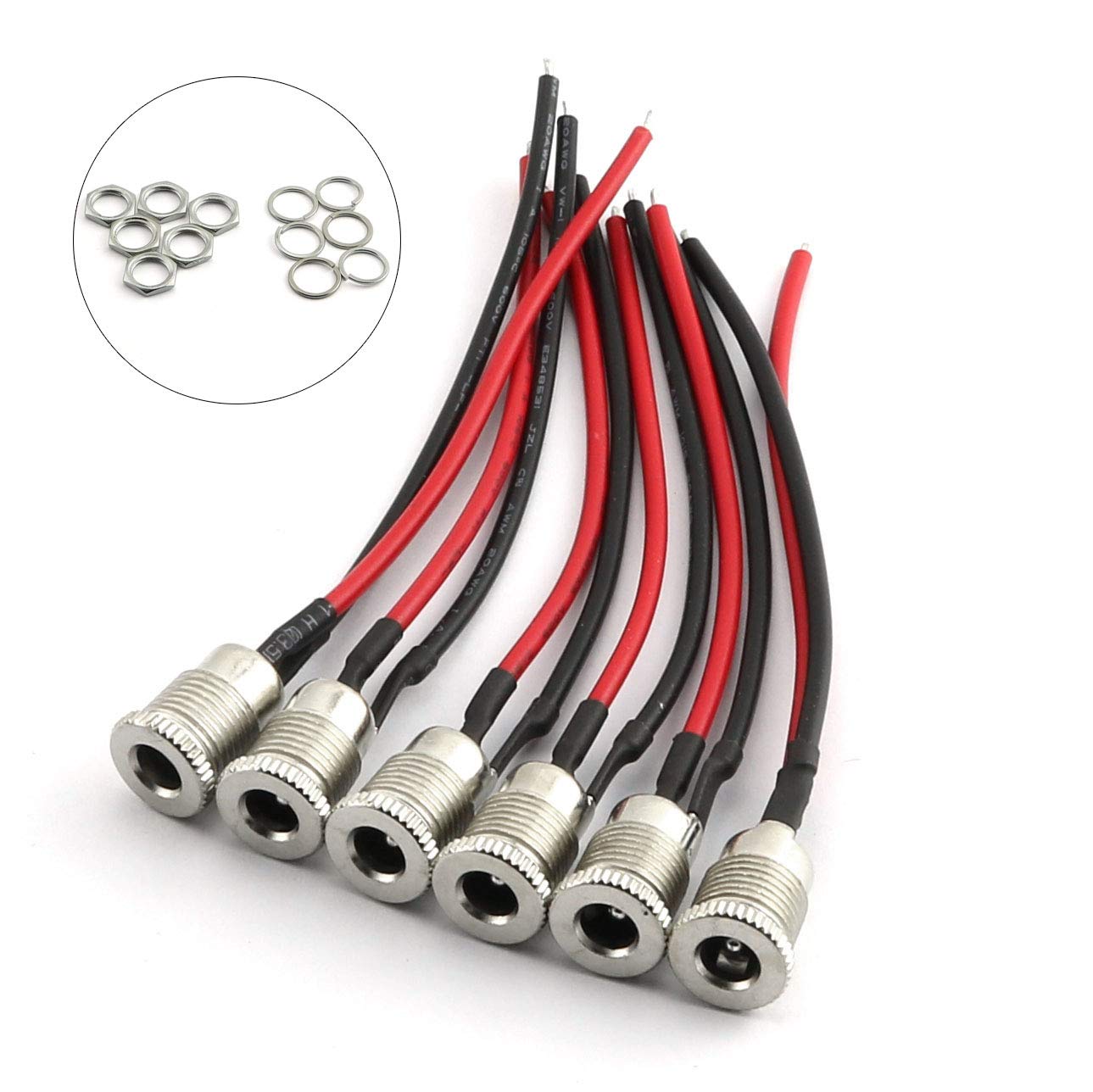 ZRM&E 6pcs 5A DC Power Connector 5.5 x 2.1mm Jack Socket Threaded Female Adapter with Cable+ 6pcs 5.5 x 2.1mm DC Male Barrel Socket Jack Plug with Wire