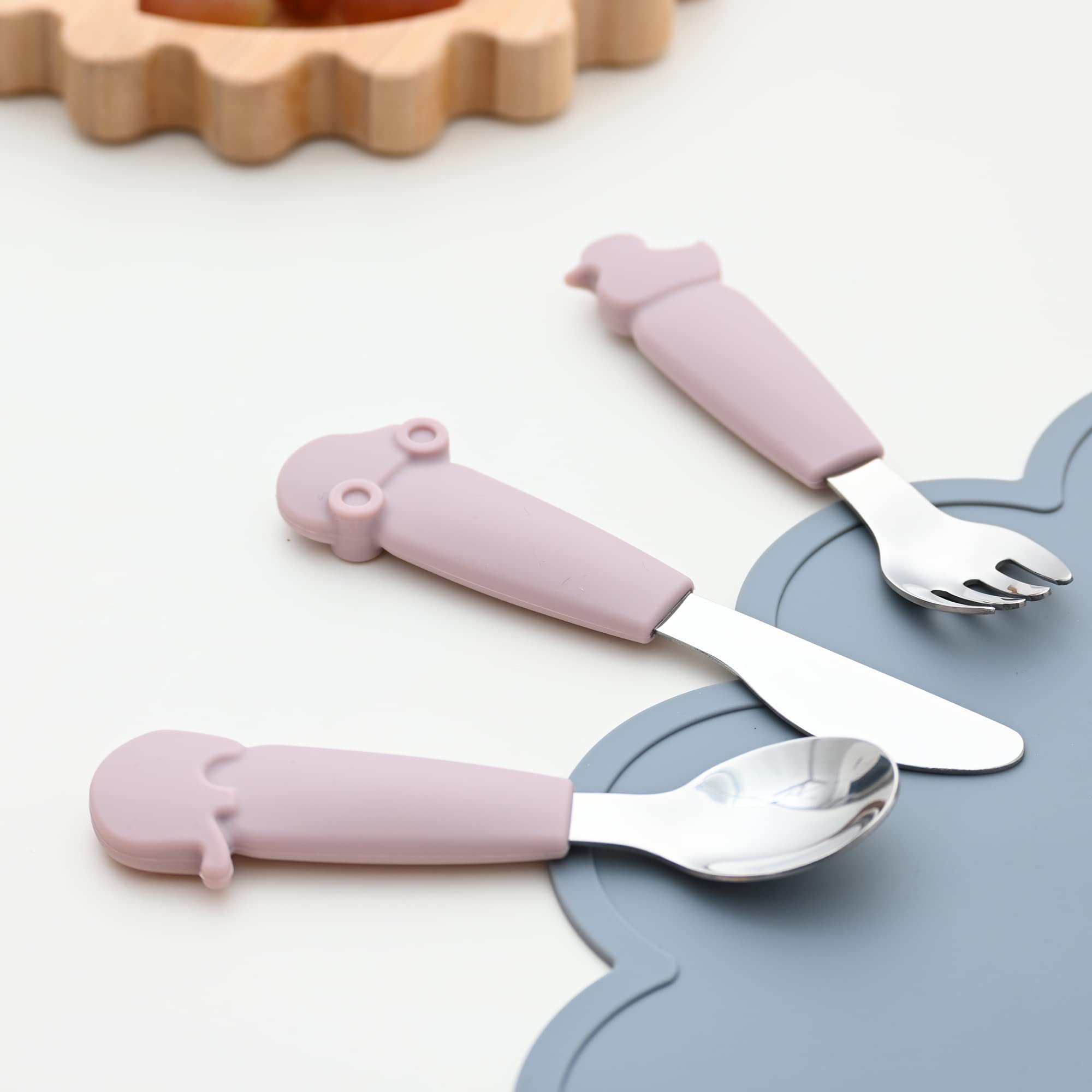 Toddler Fork and Spoon Set, Baby Fork and Spoon Knife Set, Toddler Baby Utensils Set, Stainless Steel Toddler Utensils (Pale Mauve)