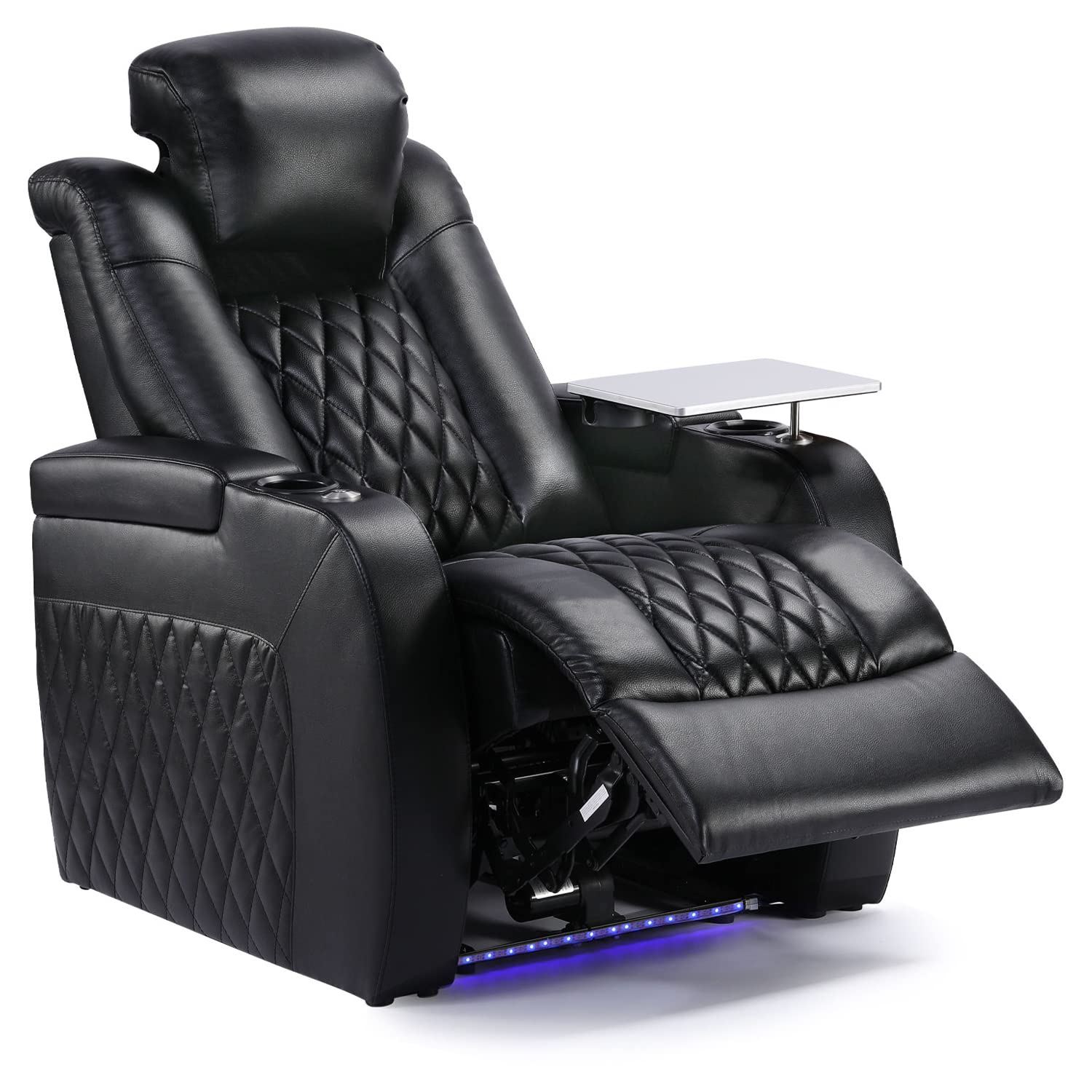 Weilianda Home Theater Seating Top Grain Leather Recliner Chair with Dual Power,Type-C USB Charge,and Wireless Charging with Tray Table - Black
