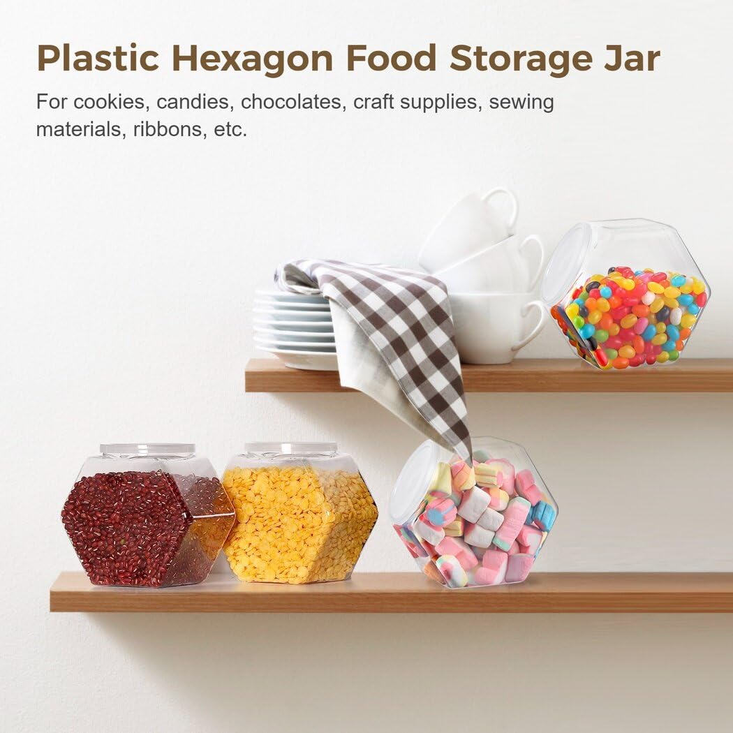 yeesport 4 PCS Plastic Hexagon Candy Jars, 72oz Plastic Cookie Jars with Lids, Food Storage Container, Wide Mouth Plastic Jar, Reusable Cookie Container, Countertop Organizer for Kitchens,