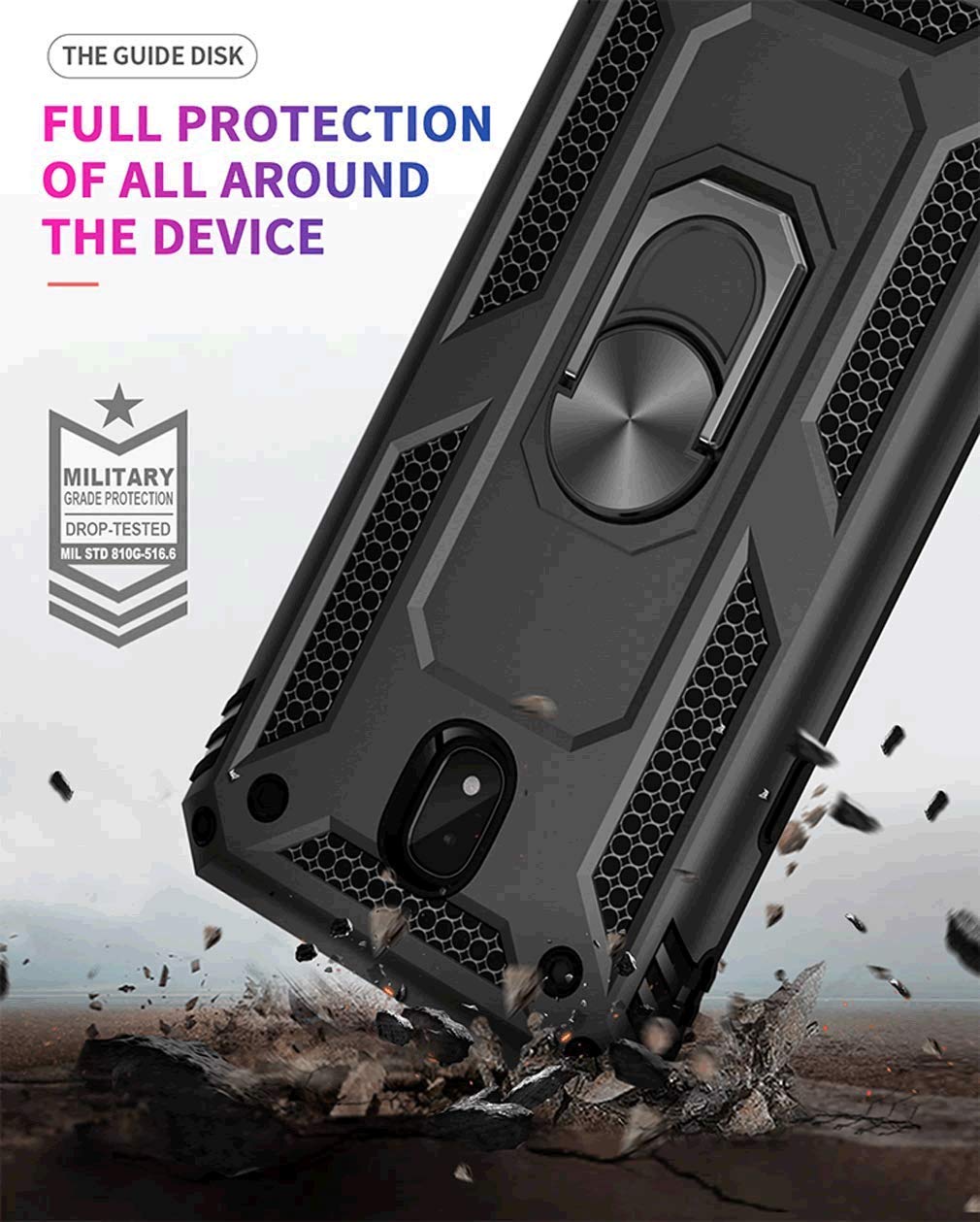 TJS Phone Case Compatible with Samsung Galaxy J2 Core/J2 2019/J2 Pure/J2 Dash/J2 Shine, Impact Resistant Metal Ring Magnetic Support Heavy Duty (Black)