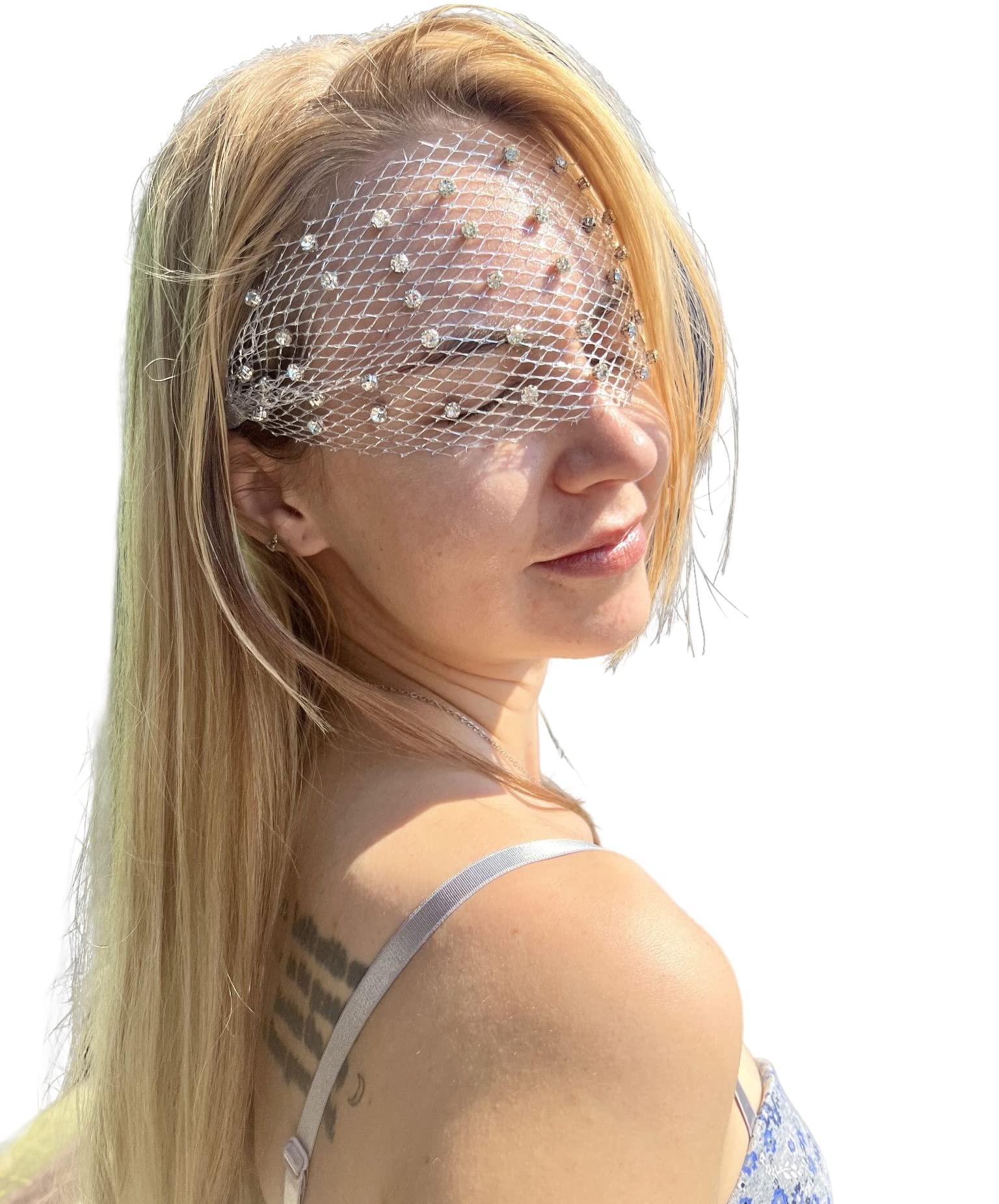 Sun Goddess Headpiece (Silver Eye Veil with Rhinestones), One size fits all