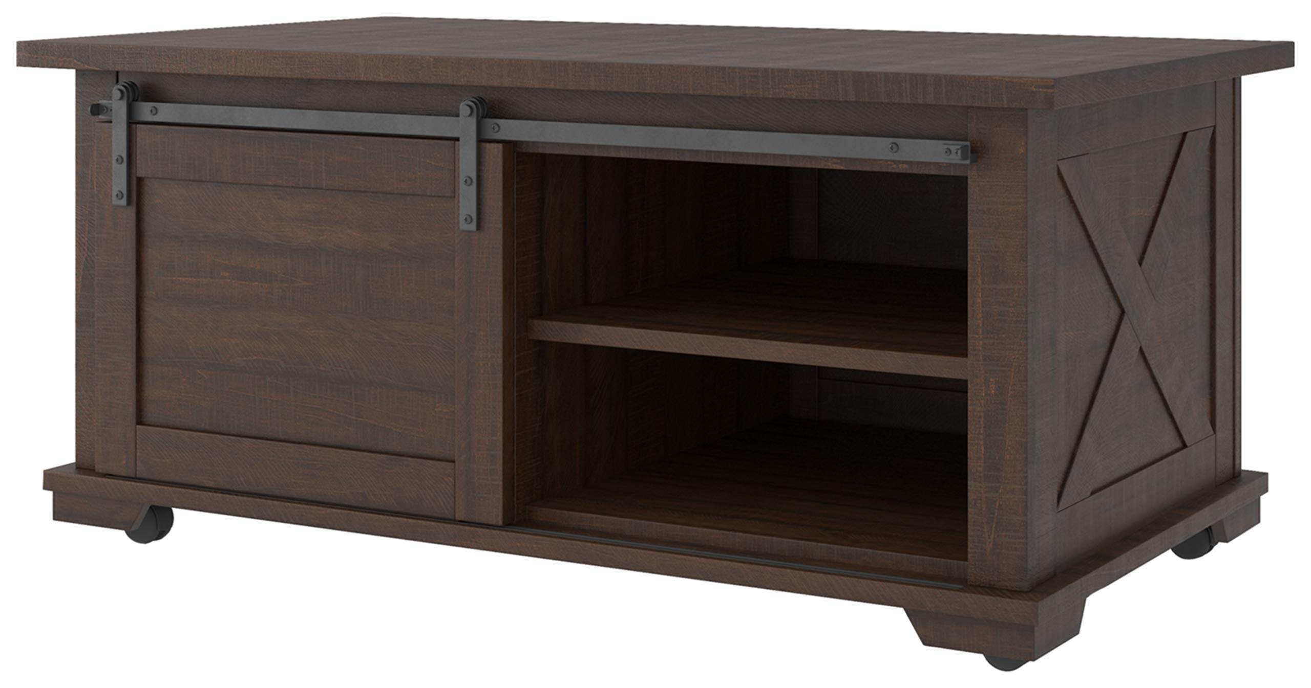 Signature Design by Ashley Camiburg Farmhouse Rectangular Coffee Table with Sliding Barn Doors, Dark Brown