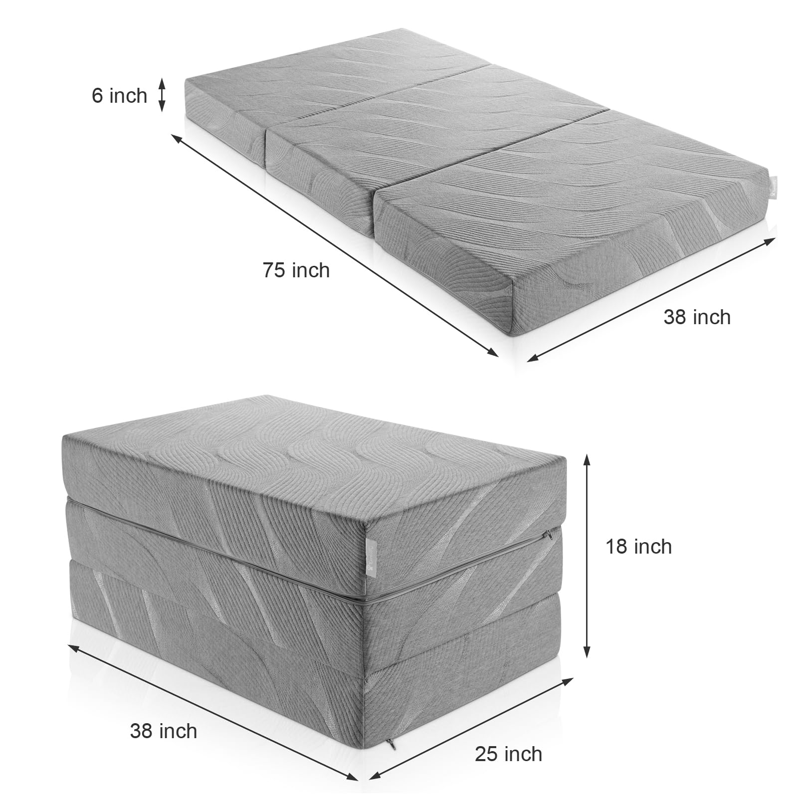 Turnkey Sleep Folding Mattress 4 Inch Twin Foldable Memory Foam Trifold Mattress Topper with Washable Breathable Cover 75" x 38" x 4"