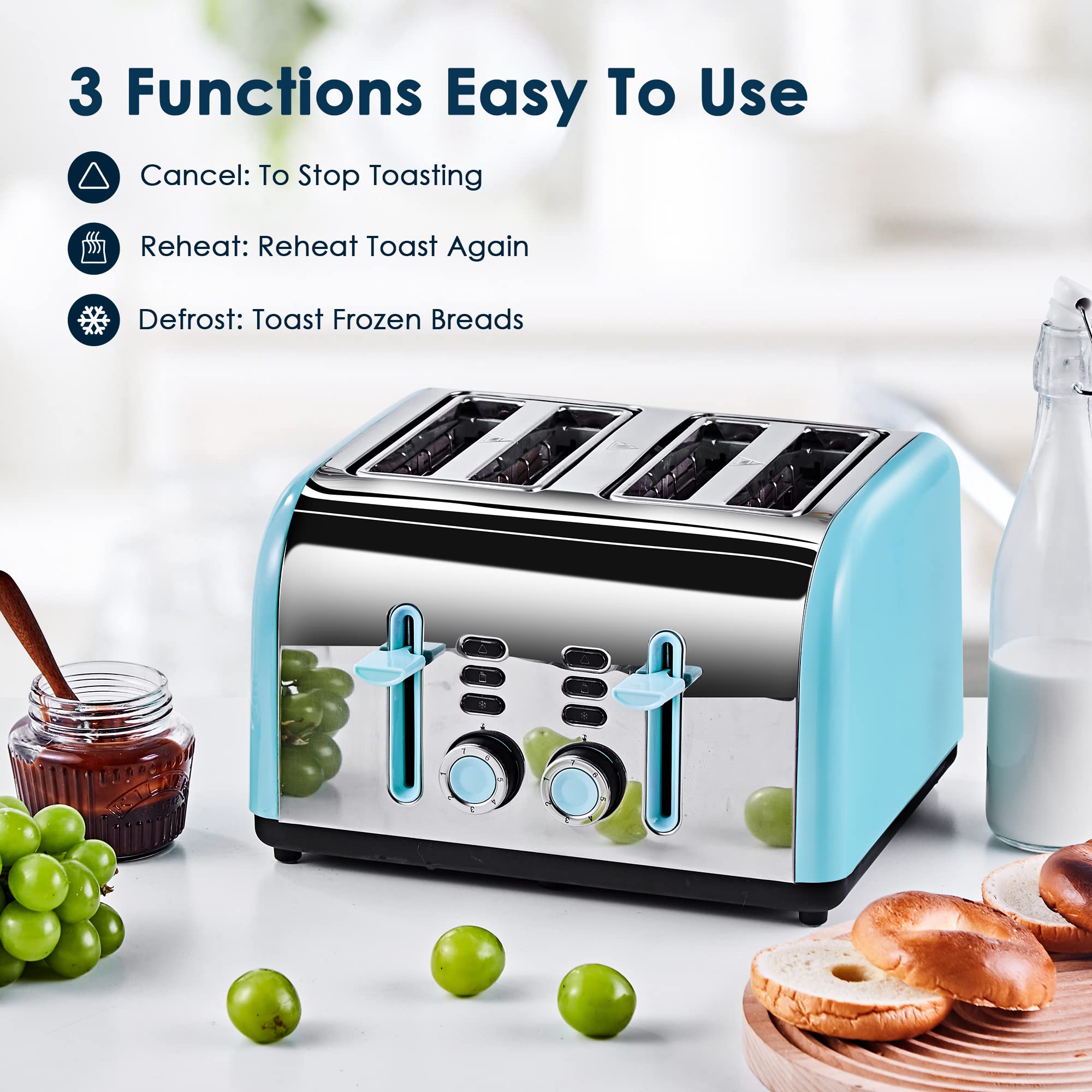Toaster 4 Slice, CUSINAID 4 Wide Slots Stainless Steel Toasters with Reheat Defrost Cancel Function, 7-Shade Setting, Blue