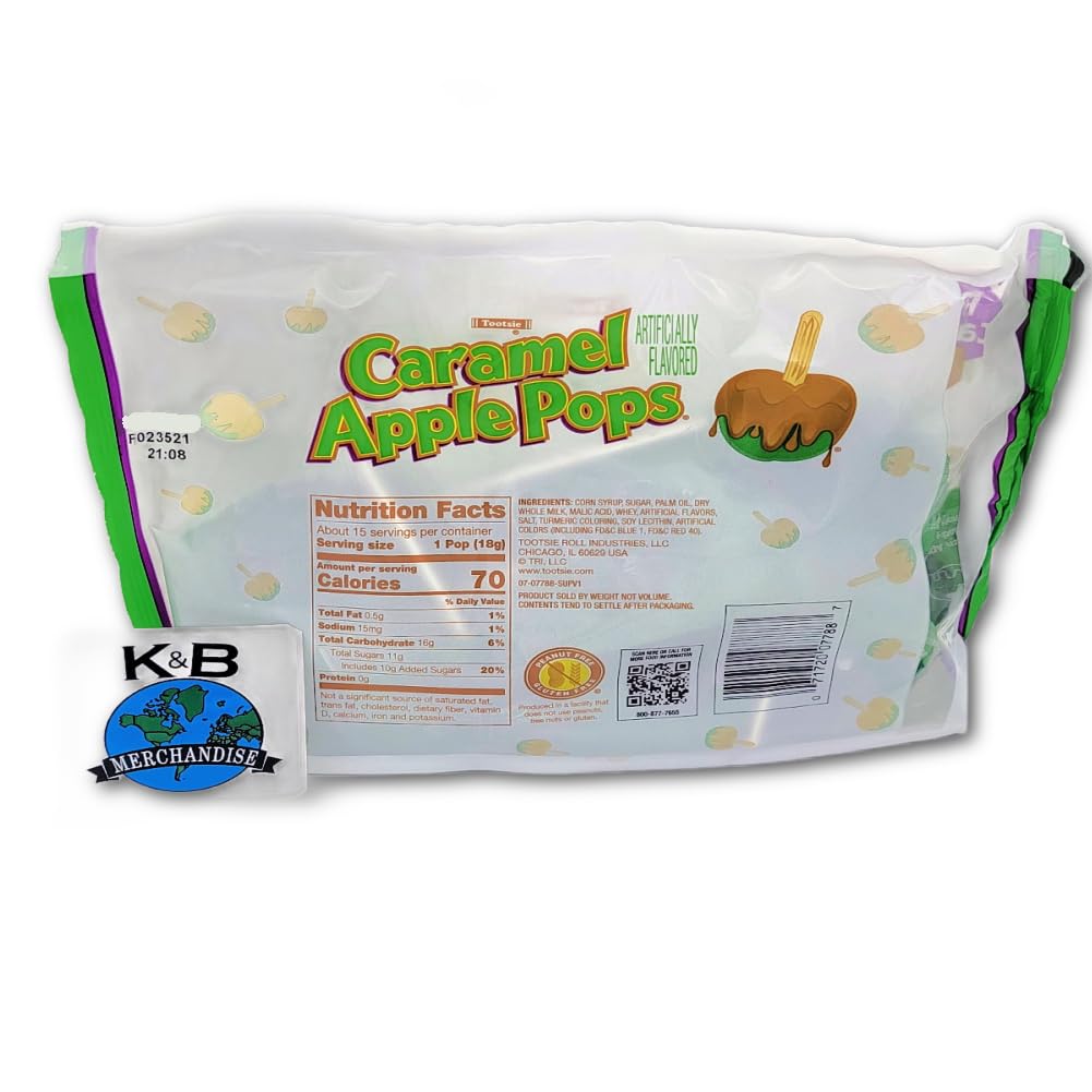 Tootsie Caramel Apple Pops - Green Apple Lollipop Candy (One Pack 9.4 ounces) Individually Wrapped Hard Candy- Gluten-Free & Peanut-Free Each order is bundled with a K&B Merchandise Sticker