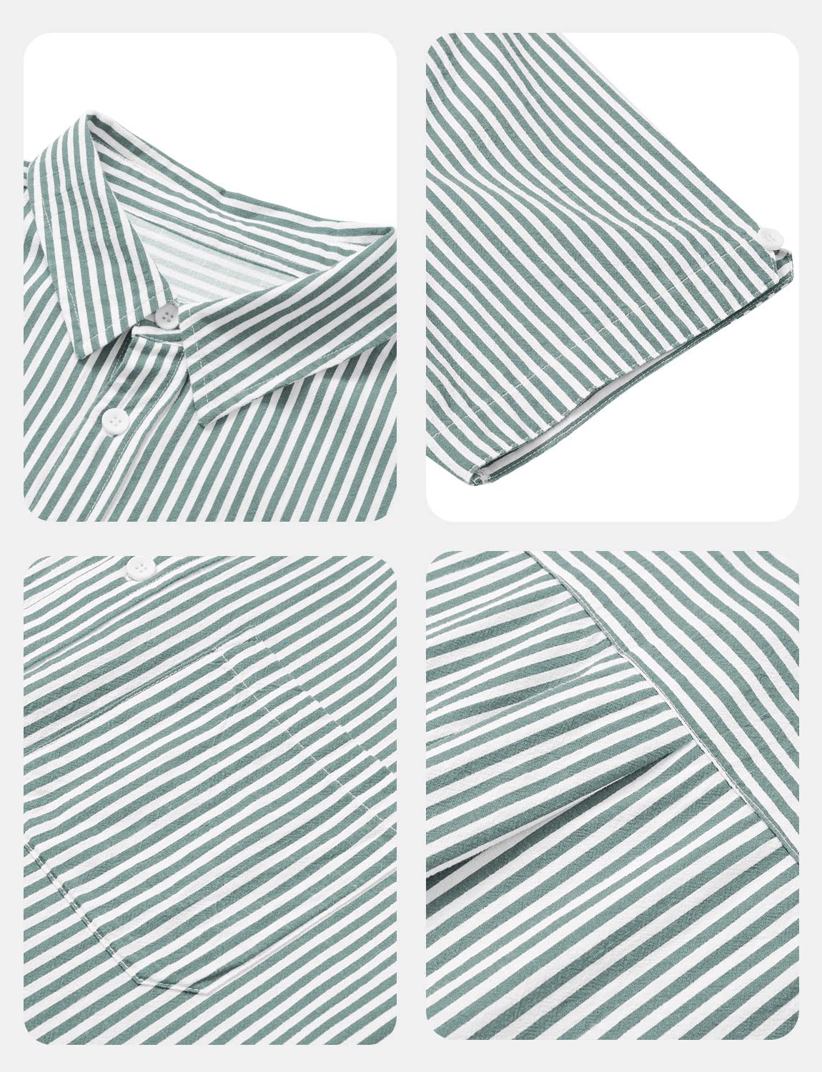 TUREFACE Green Shirt for Men Casual Button Down Short Sleeve Stripes Banded Collar Summer Shirt Lightweight Relaxed Fit