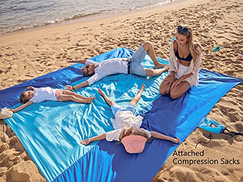 Wekapo Beach Blanket Sandproof, Extra Large Oversized 10'X 9' for 2-8 Adults, Big & Compact Sand Free Mat Quick Drying, Lightweight & Durable with 6 Stakes & 4 Corner Pockets