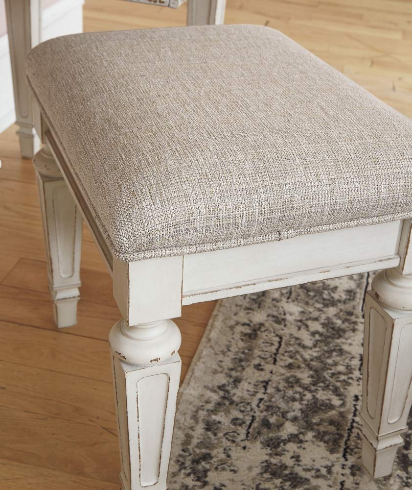 Signature Design by Ashley Realyn Traditional Cottage 3 Drawer Vanity Set with Dovetail Construction, Mirror & Stool Included, Chipped White, Distressed Brown