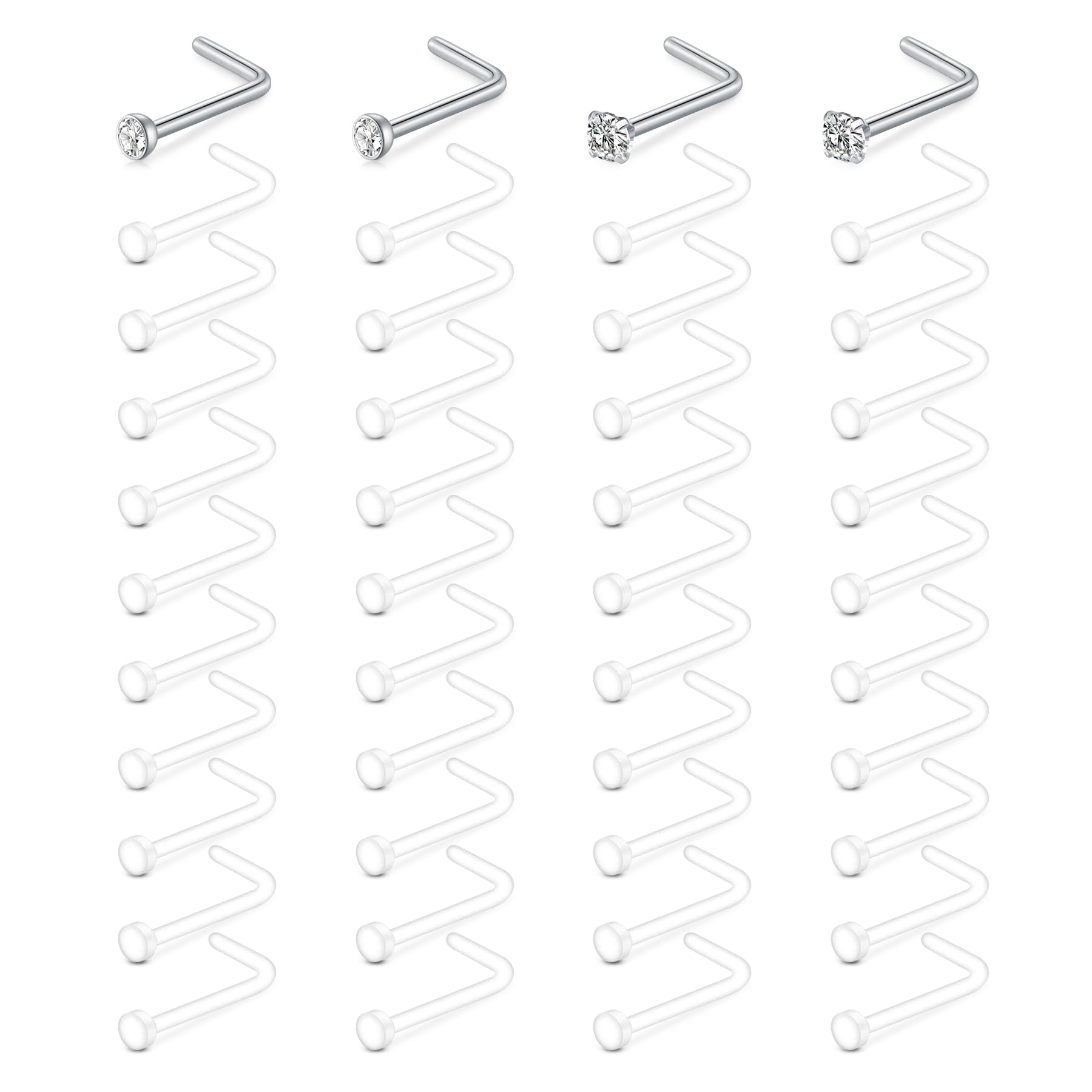 VCMART 32pcs 20G Clear Bioflex Nose Bone Ring Stud L Shaped Nose Retainer Body Jewelry Piercing Top Flat Ball CZ 2mm