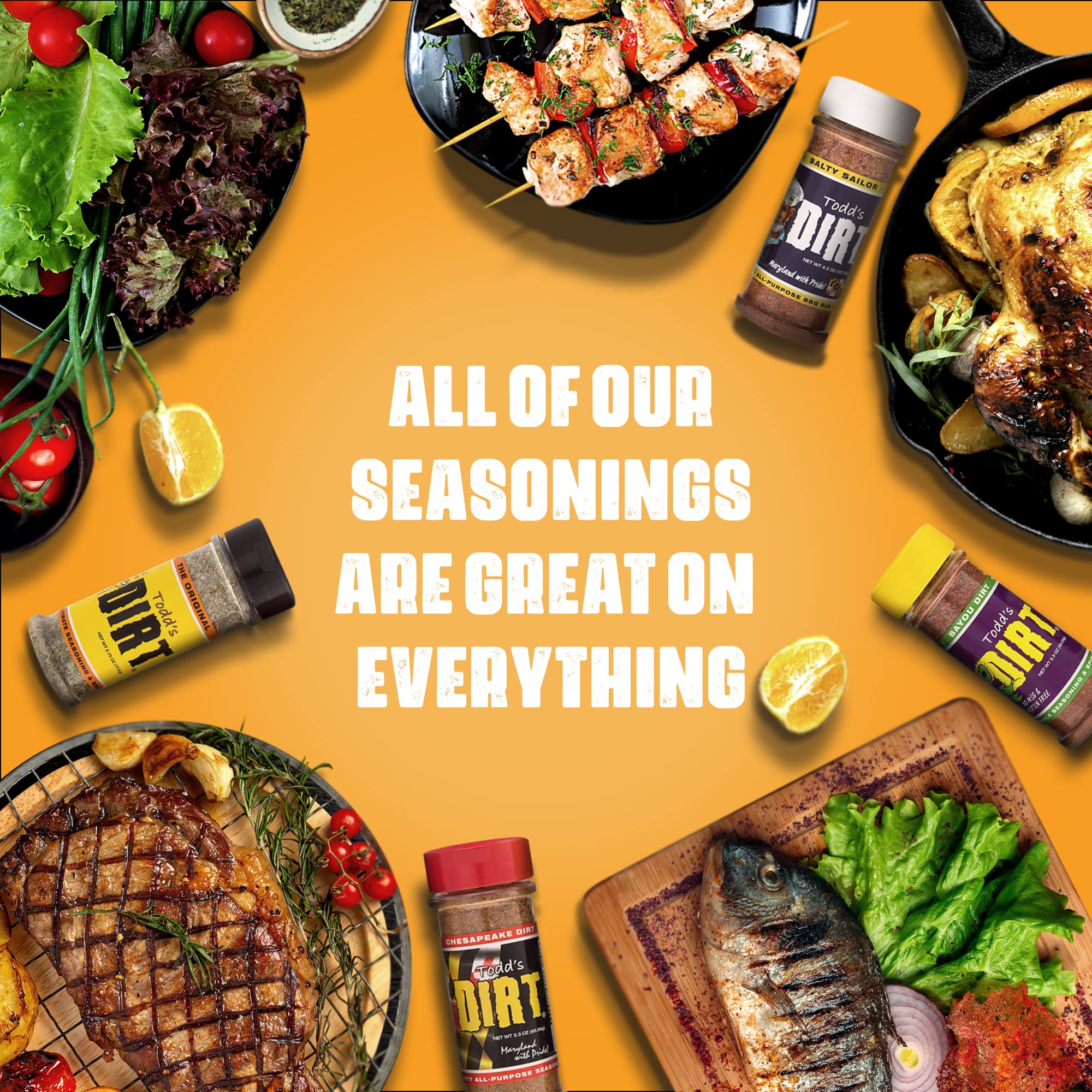 Todd’s DIRT - All Purpose Seasoning & BBQ Rub 4 Pack Sampler Set, Gourmet Seasonings and Rubs that are GREAT ON EVERYTHING, Low Sodium and 100% All Natural With No MSG & Gluten-Free