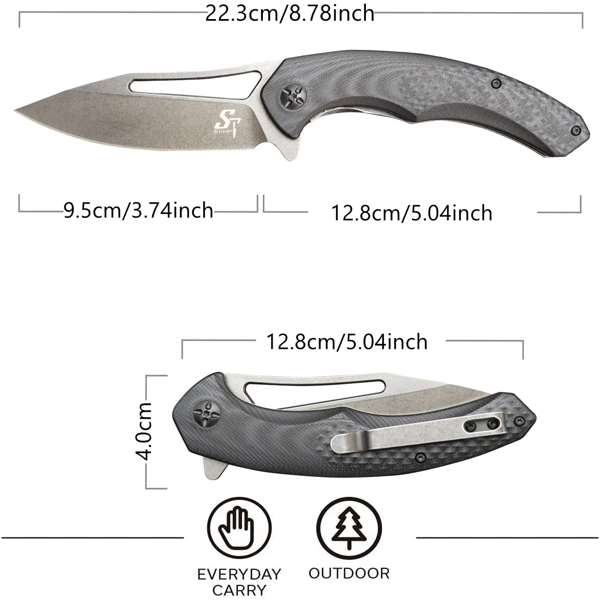 Sitivien ST116 Folding Knife, D2 Steel Blade+G10 Handle Large Modle Size EDC Tool Knife for Outdoor, Camping,Hiking-Black …