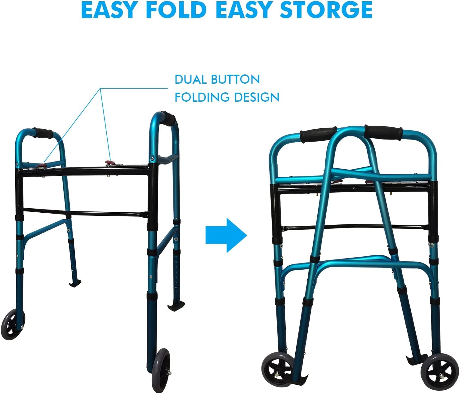 UNLICON- Mobility Heavy Duty Folding Walker for Seniors,Bariatric Walker with 5 Inches Wheels for Seniors Wide Walker Supports up to 300 lbs