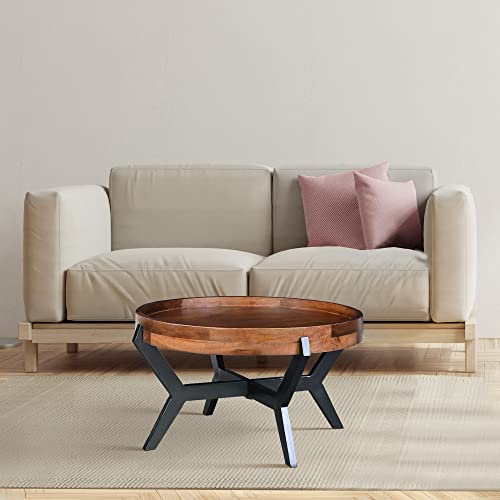 The Urban Port 30-Inch Industrial Round Acacia Wood Tray Coffee Table with Flared Metal Legs