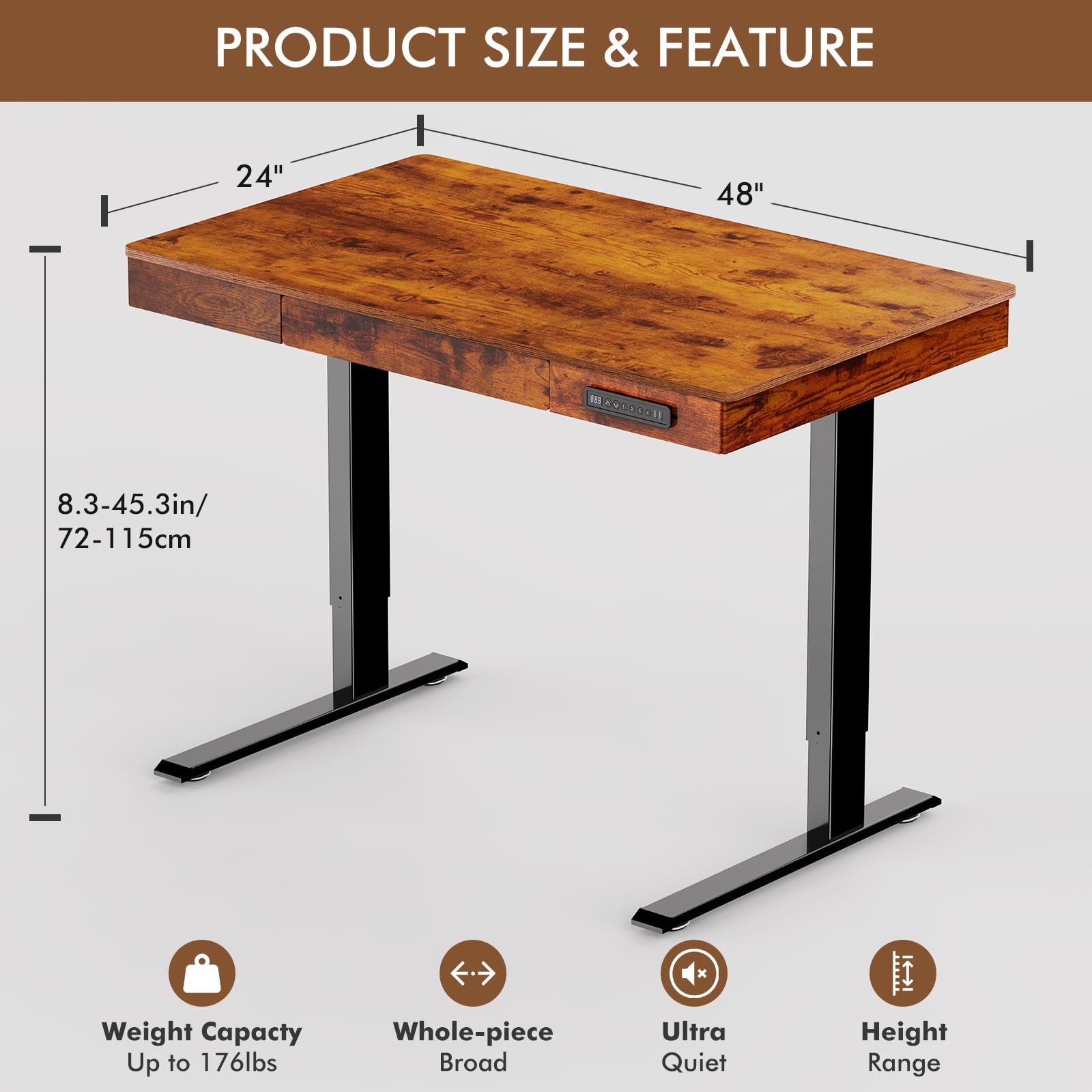 sitteeze Electric Standing Desk Adjustable Height with Drawer,48 x 24 Inches Sit Stand Up Desk Whole-Piece Desktop, Memory Computer Home Office Desk (Rustic Brown)