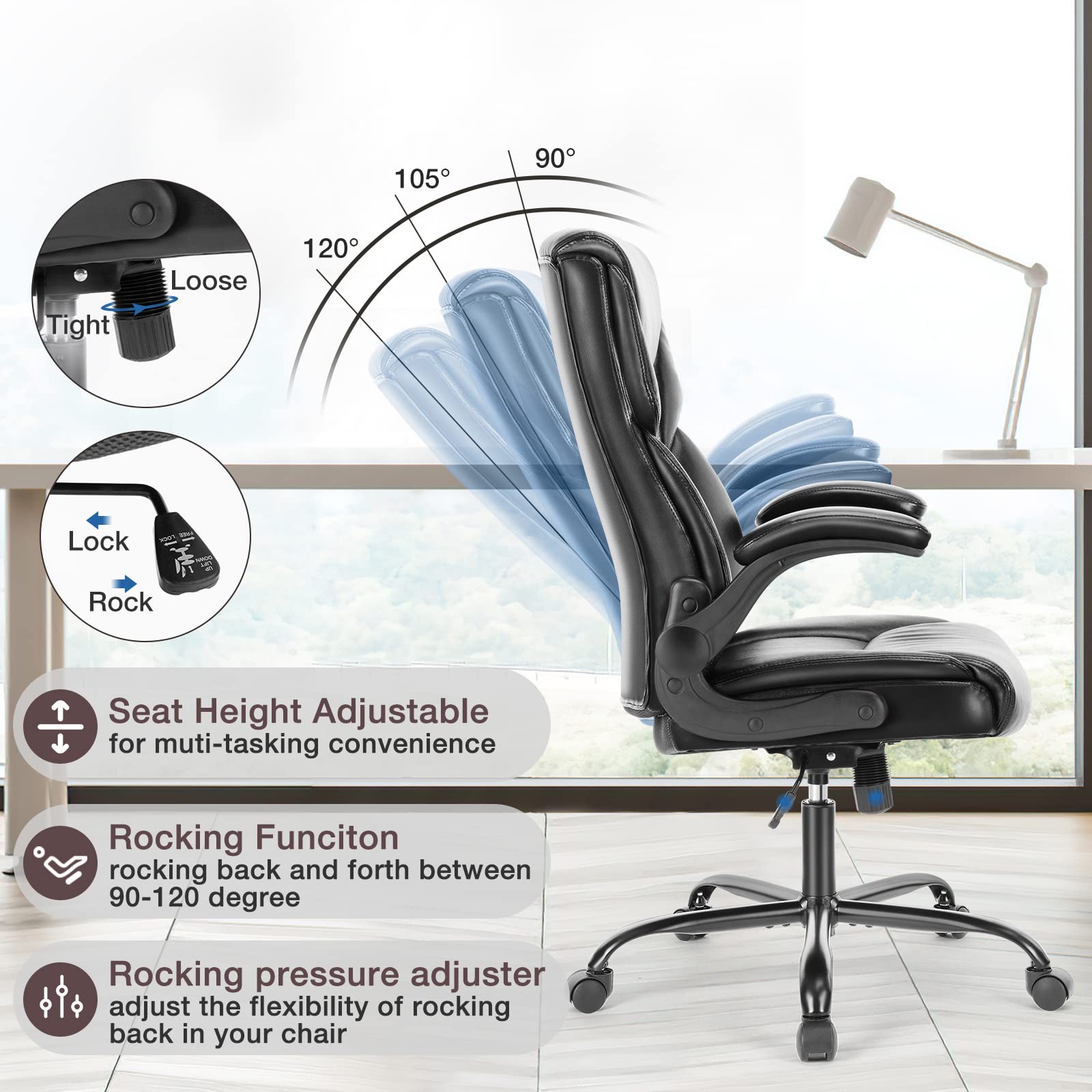 Sweetcrispy Executive Office Chair High Back, Heavy Duty Desk Chair with Wheels Computer Chair with Lumbar Support Height Adjustable PU Leather Office Chair Flip up Arms, Black