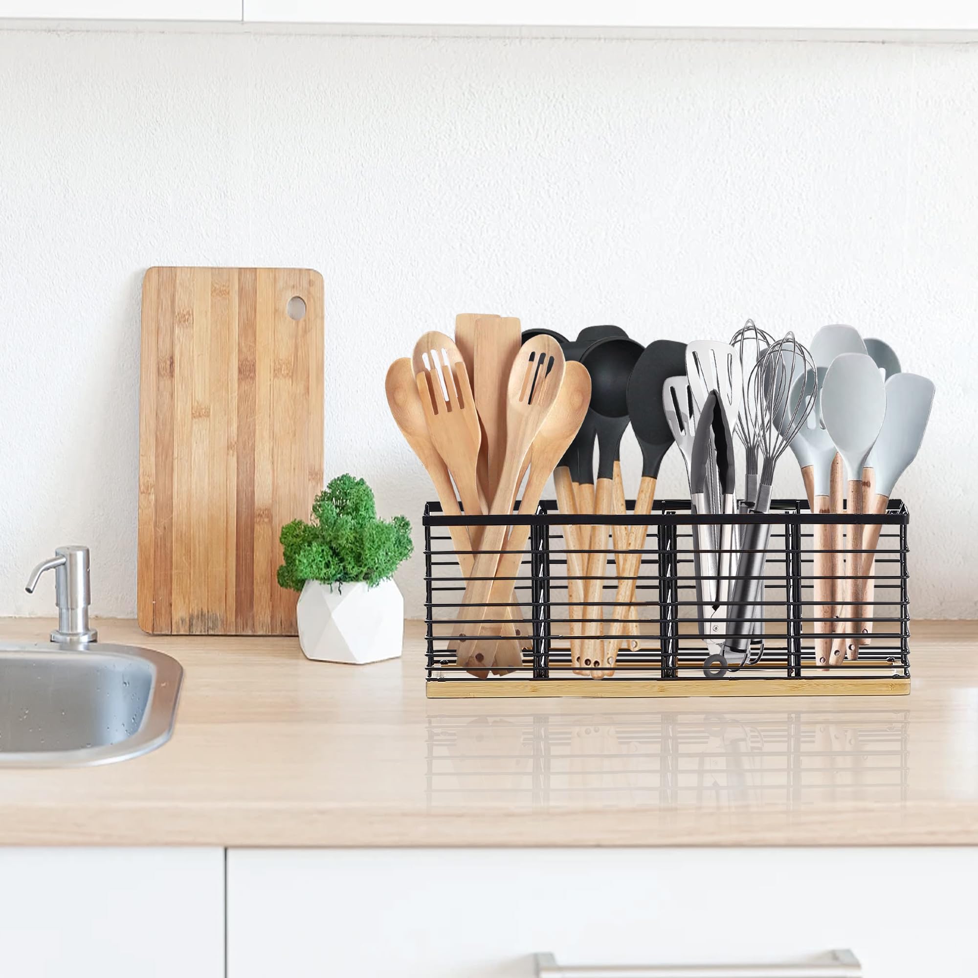 Suli Extra Large Kitchen Utensil Holder with 4 Compartments,Matte Black Metal holder with Wooden Base for Kitchen Countertop,Farmhouse Cooking Utensil Storage, Rustic Cooking Utensil