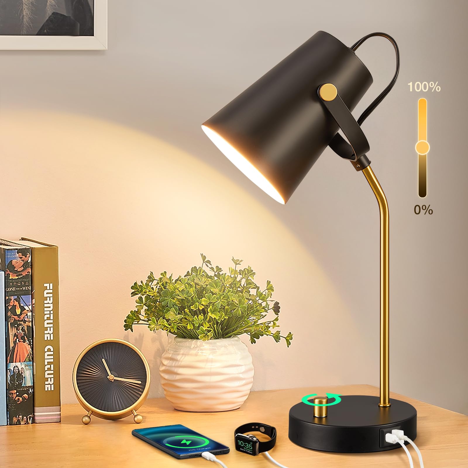 Vintage Desk Lamp with USB C+A Charging Ports LED Dimmable Reading Lamp Retro Flexible Head Black and Gold Lamp for College Dorm Room Table Bedroom Bedside Nightstand Living Room Office,Bulb Included