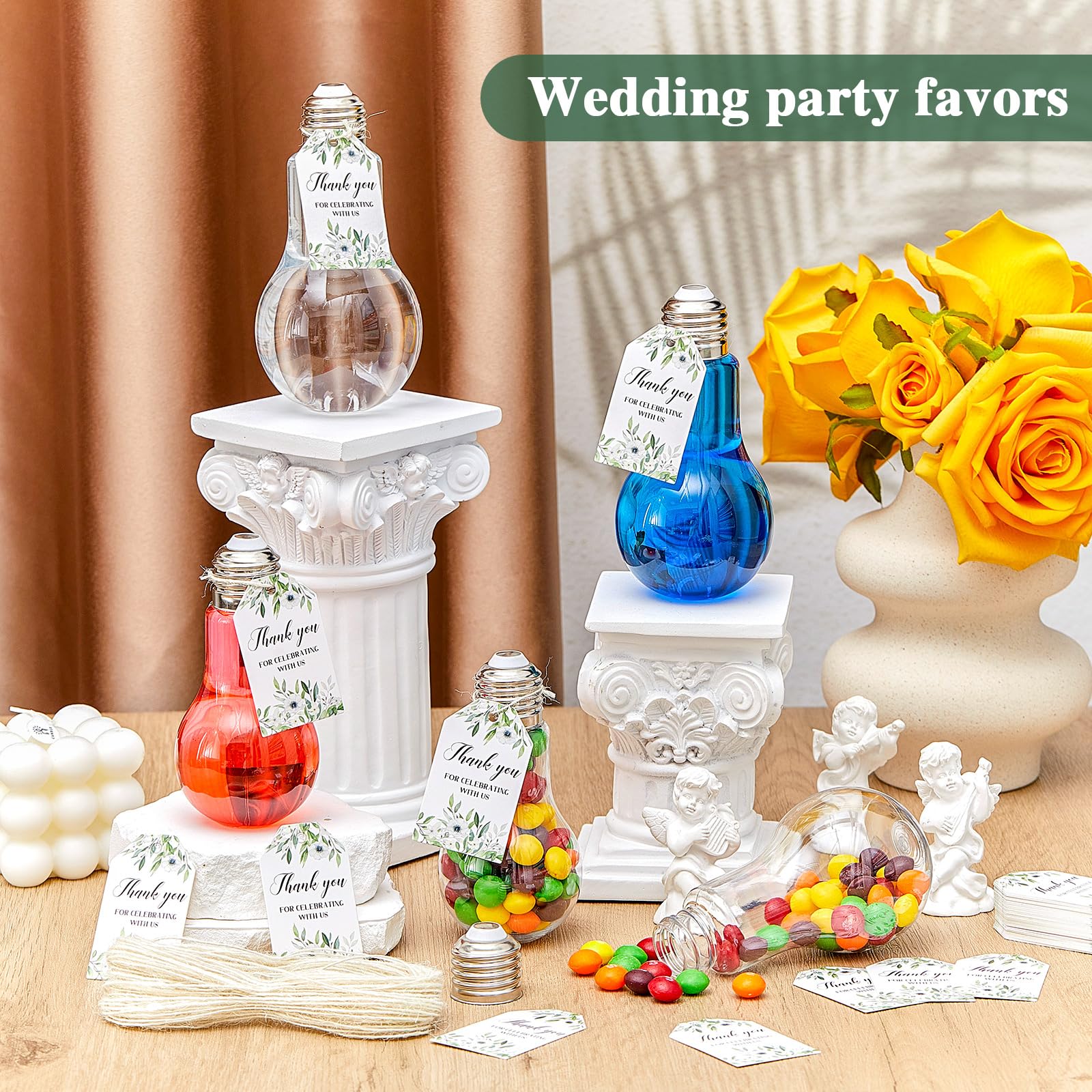 Tessco 48 Sets 100 ml Plastic Light Bulb Jars Clear Candy Containers for Party Favors with Labels and Strings Fillable Lightbulb Jar Ornaments for Wedding Party Drink DIY Crafts, Silver