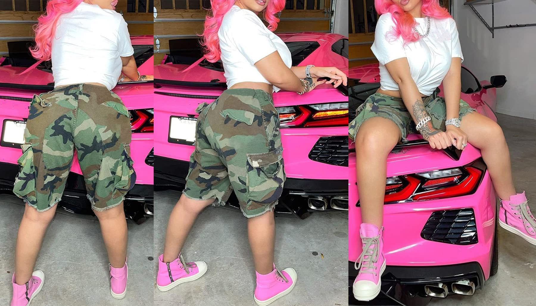 Vakkest Womens Camouflage Cargo Shorts Jogger Multi-Pocket Army Fatigue BF Plus Size Drawstring Cargo Short Pants