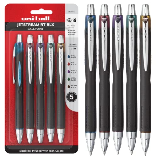 Uniball Jetstream RT BLX 5 Pack, 1.0mm Medium Assorted, Wirecutter Best Pen, Ballpoint Pens, Ballpoint Ink Pens | Office Supplies, Ballpoint Pen, Colored Pens, Fine Point, Smooth Writing Pens