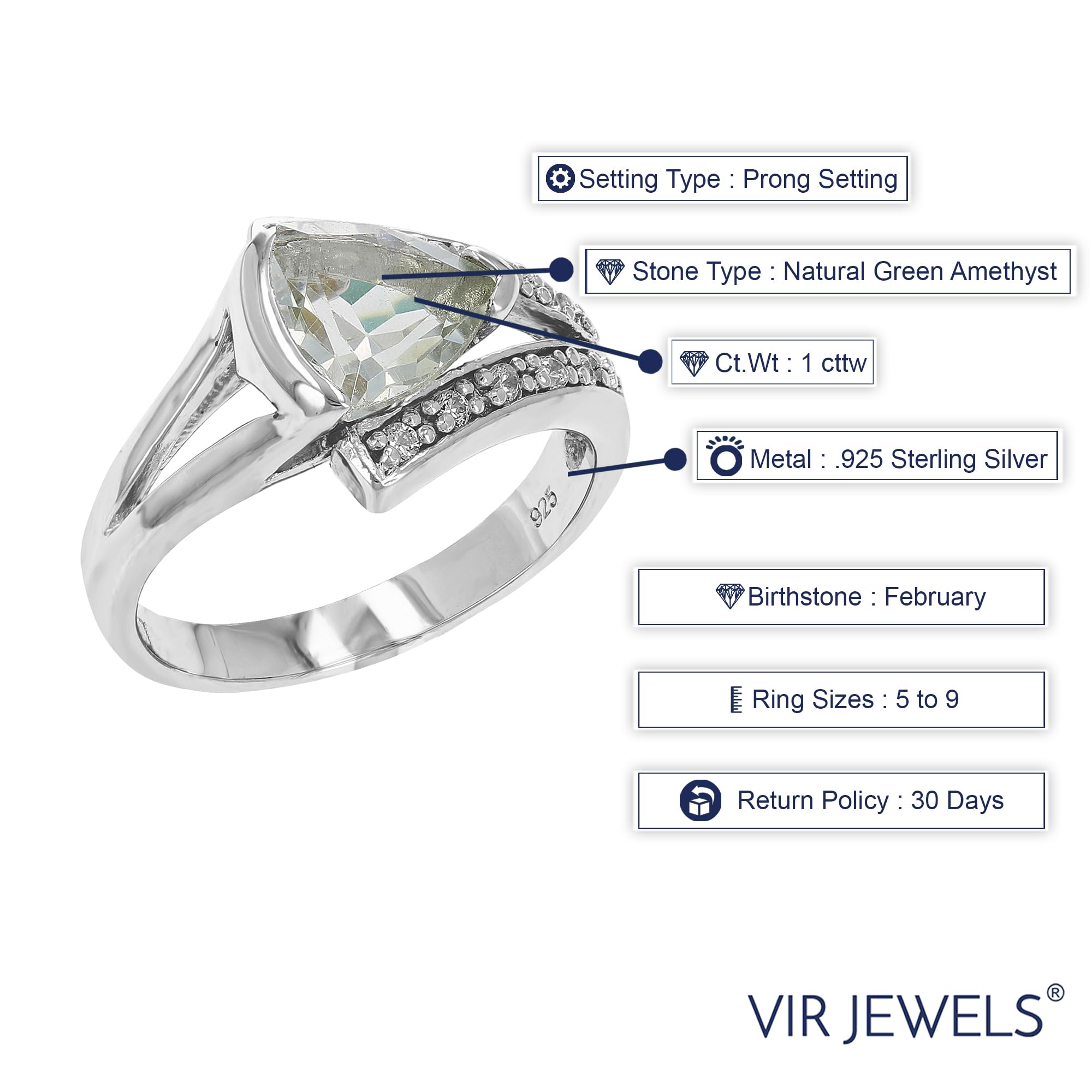 VIR JEWELS 1 cttw Green Amethyst Ring .925 Sterling Silver with Rhodium Trillion Cut 8 MM Size 6
