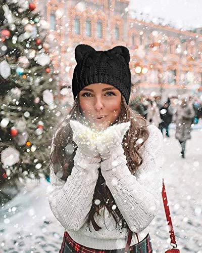 V28 Women Men Girls Boys Teens Cute Cat Ear Knit Cable Xmas Hat Cap Beanie Kittenear Black Medium