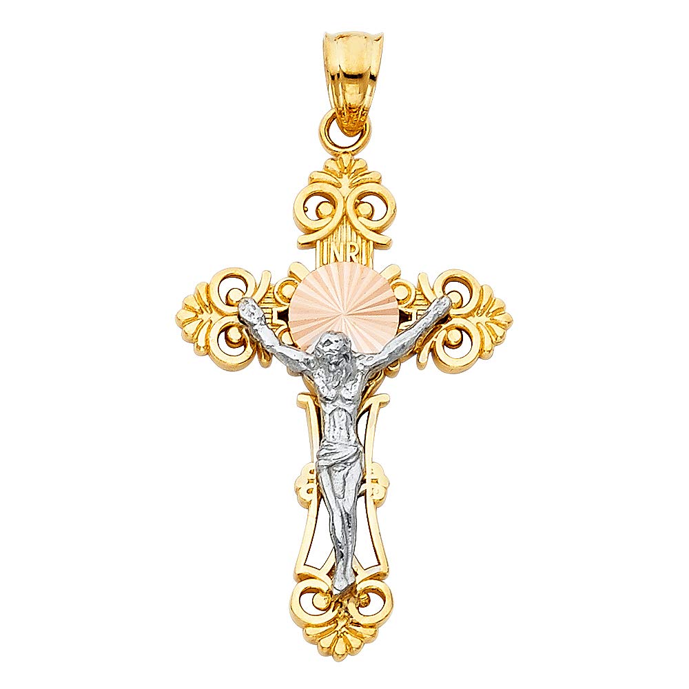 Wellingsale 14K Tri 3 Color Gold Polished Diamond Cut Religious Catholic Gothic Crucifix Charm Pendant