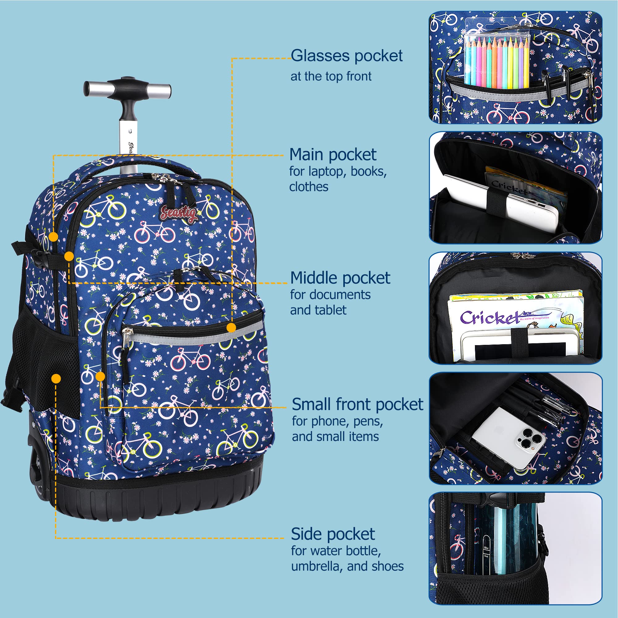seastig Rolling Backpack 18in Wheeled Backpack Roller Backpack Carry-on Bag Laptop Backpack for Adults Kids School Trip